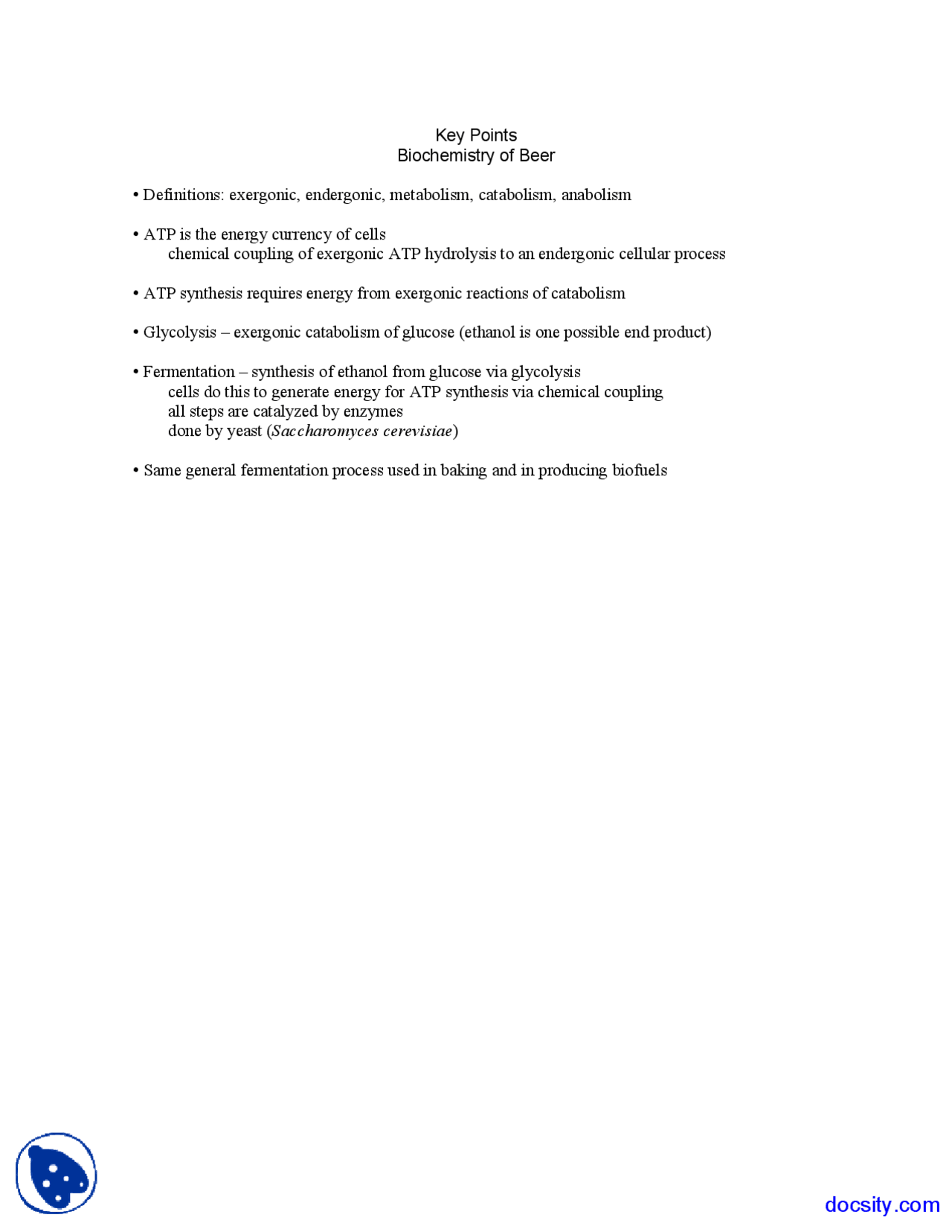 Key Points Beer Introduction To Biochemistry Handout Docsity