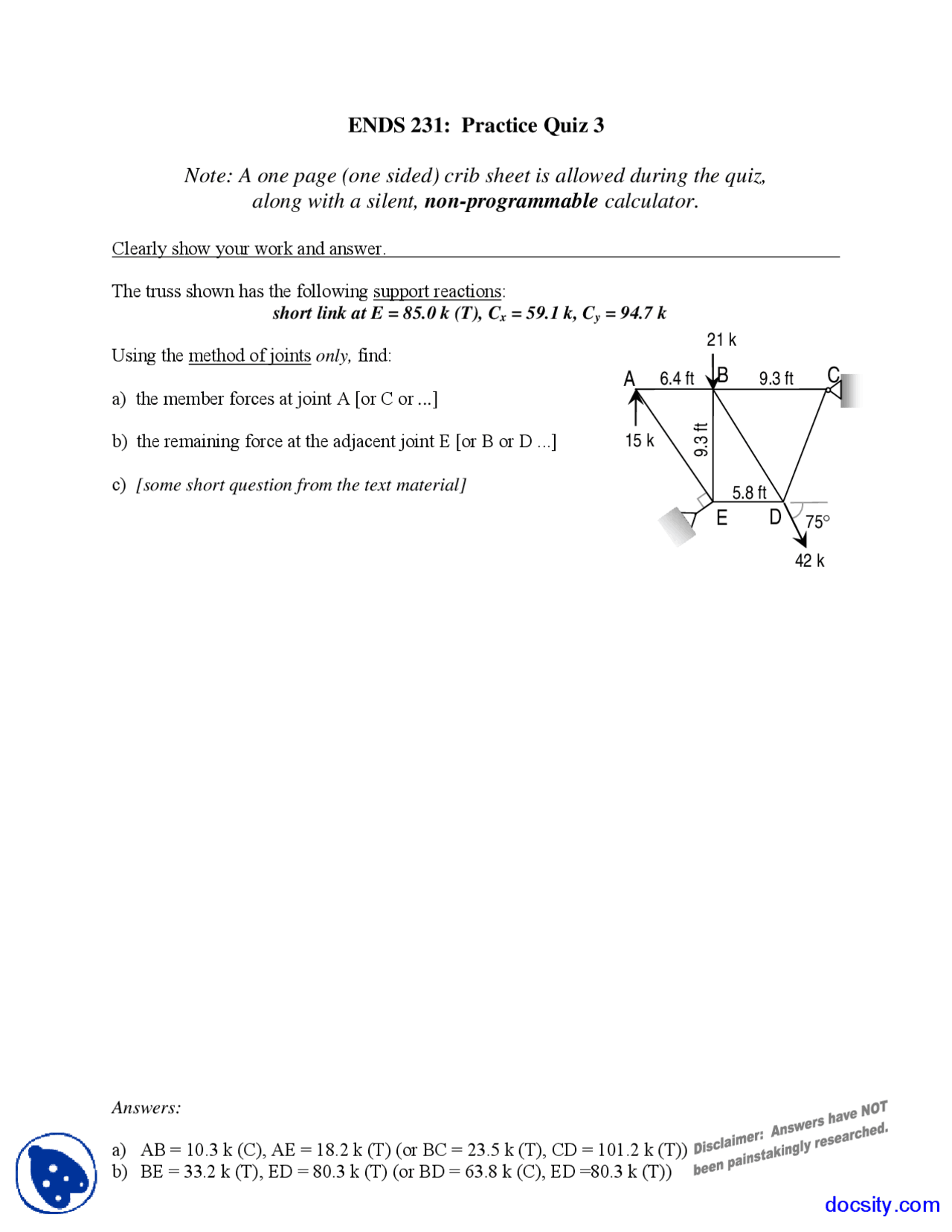 Member Forces Architectural Structures Quiz Docsity