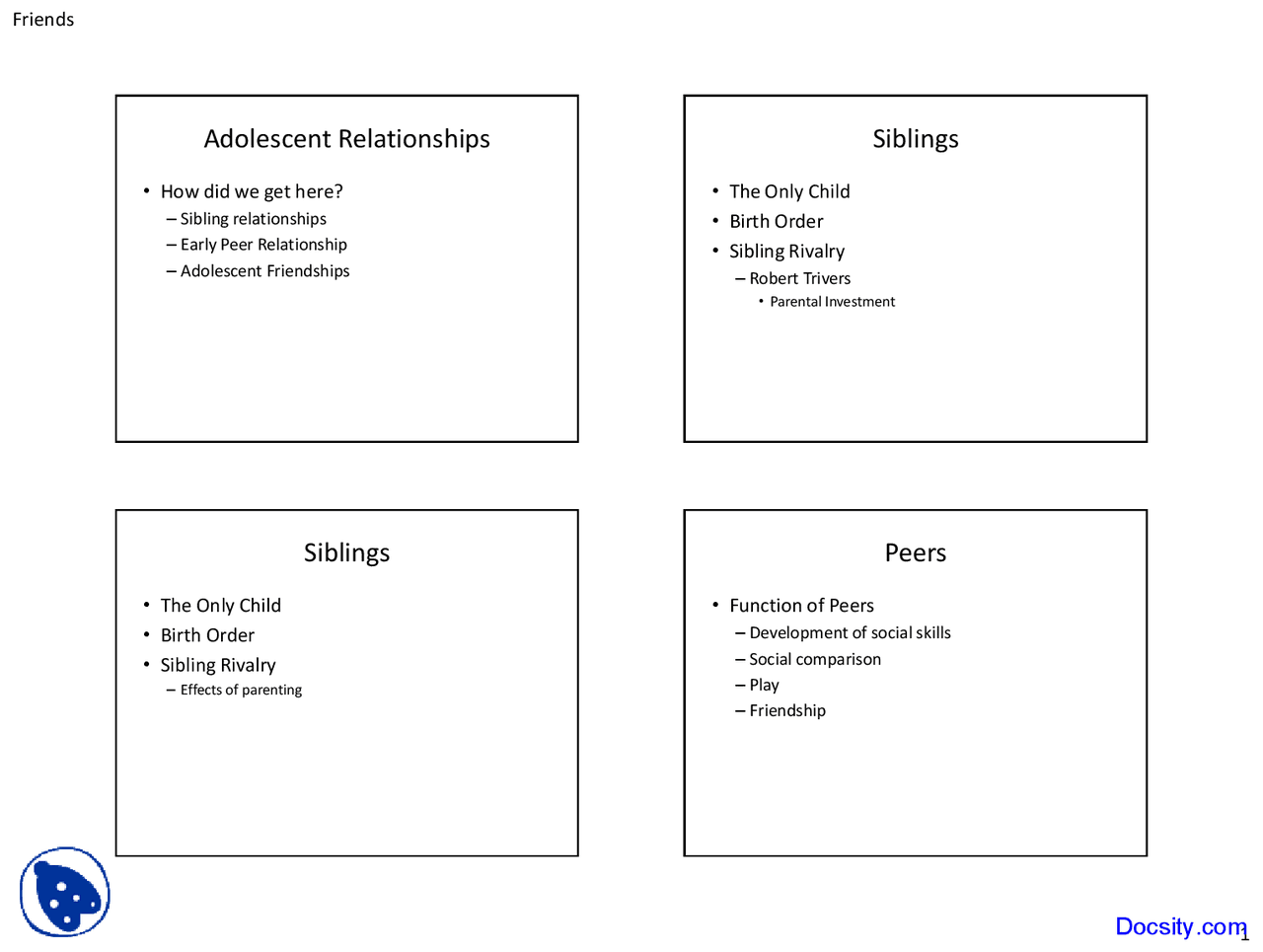 Siblings and Friends - Human Development - Lecture Slides - Docsity
