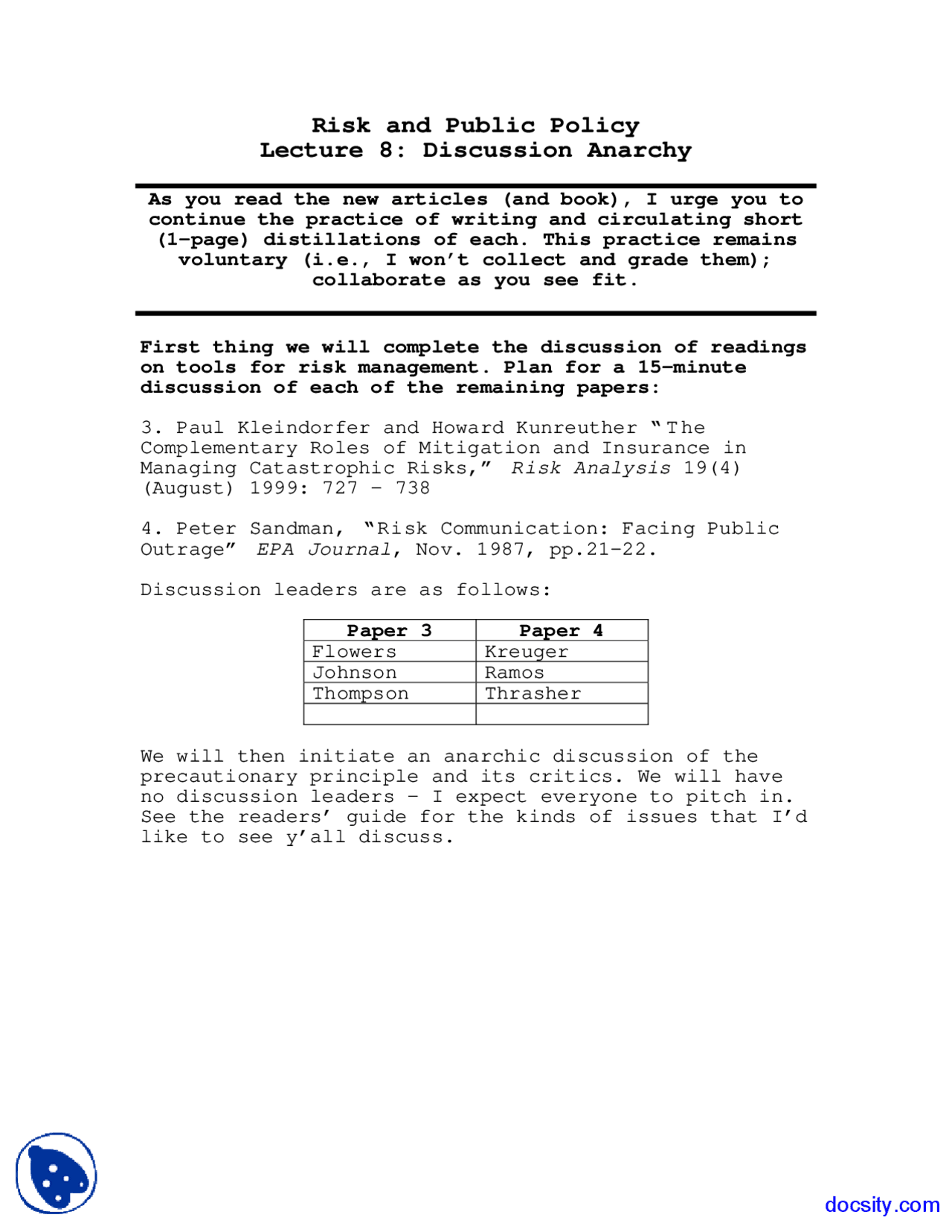 Discussion Anarchy Risk And Public Policy Lecture Notes Docsity