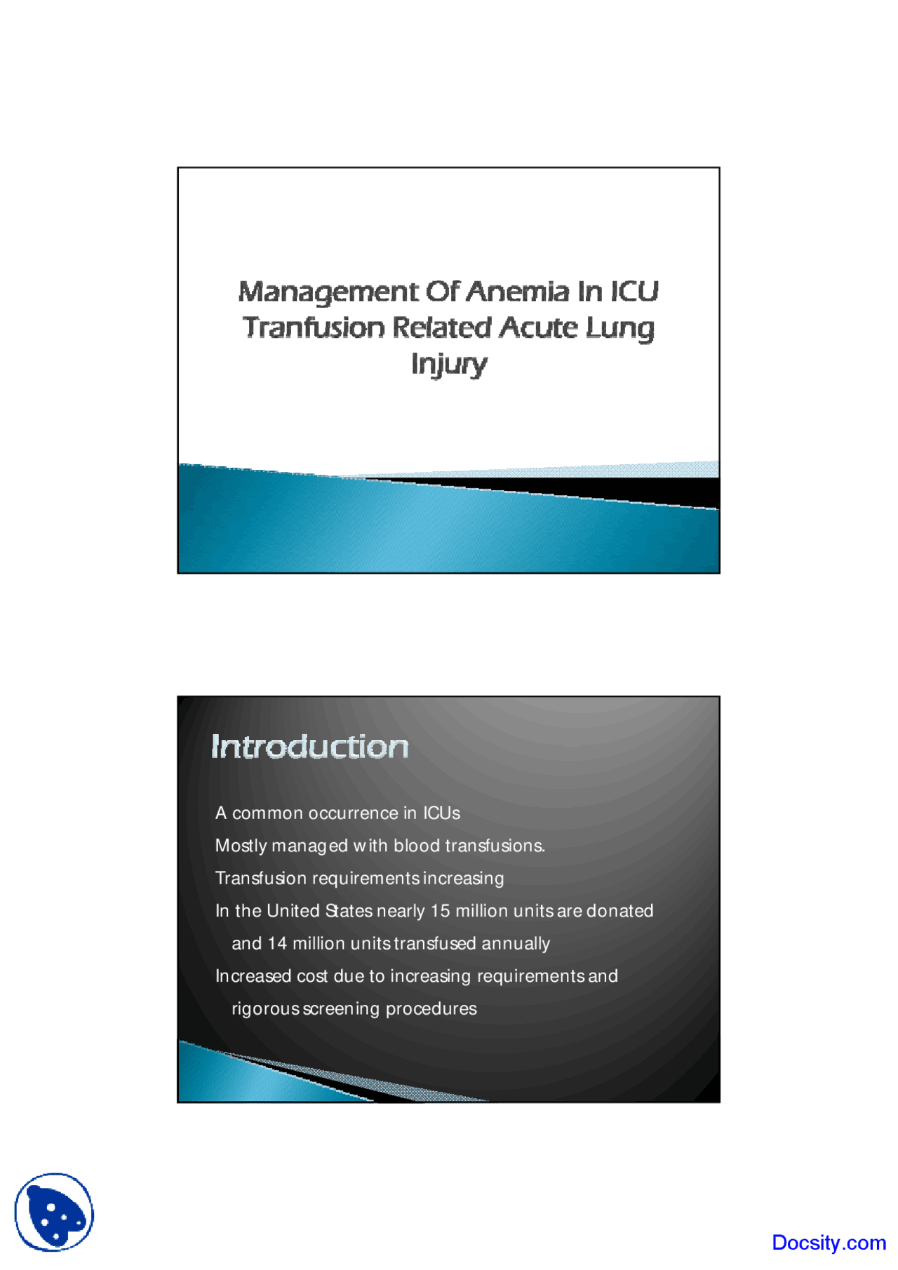 Anemia In Icu Pulmonary Medicine Lecture Slides Docsity