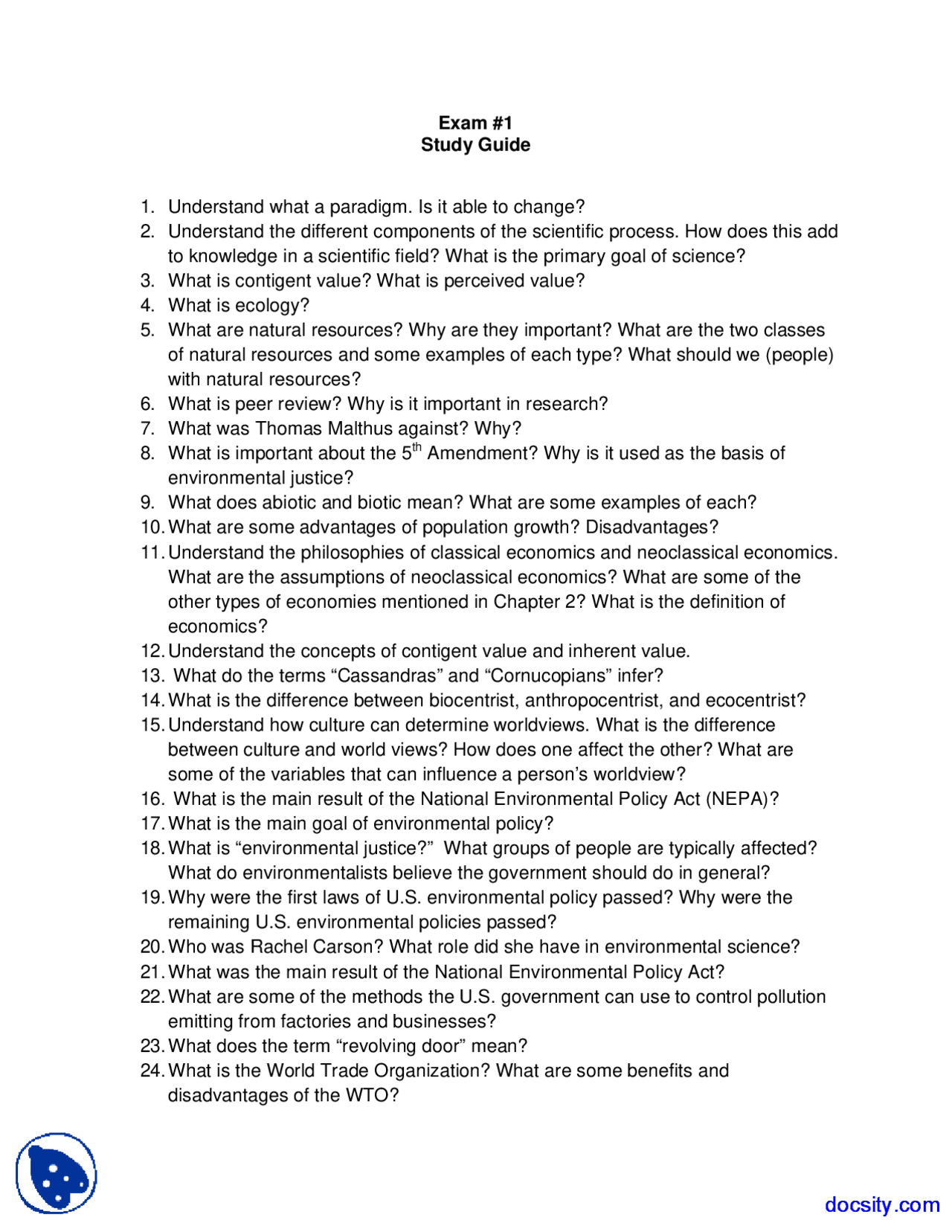 Paradigm Environmental Sciences Exam Guide Docsity