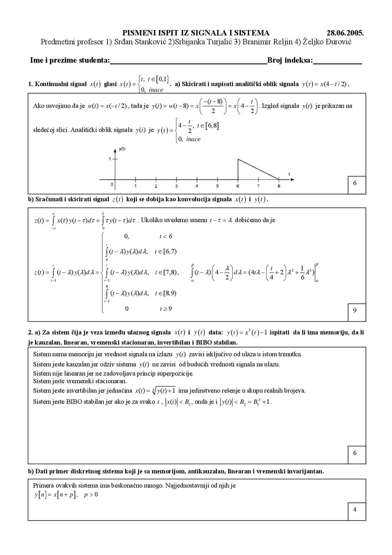 Pismeni ispit iz Signala i sistema i zadaci za kolokvijum sa rešenjima | Ispiti' predlog Teorija ...