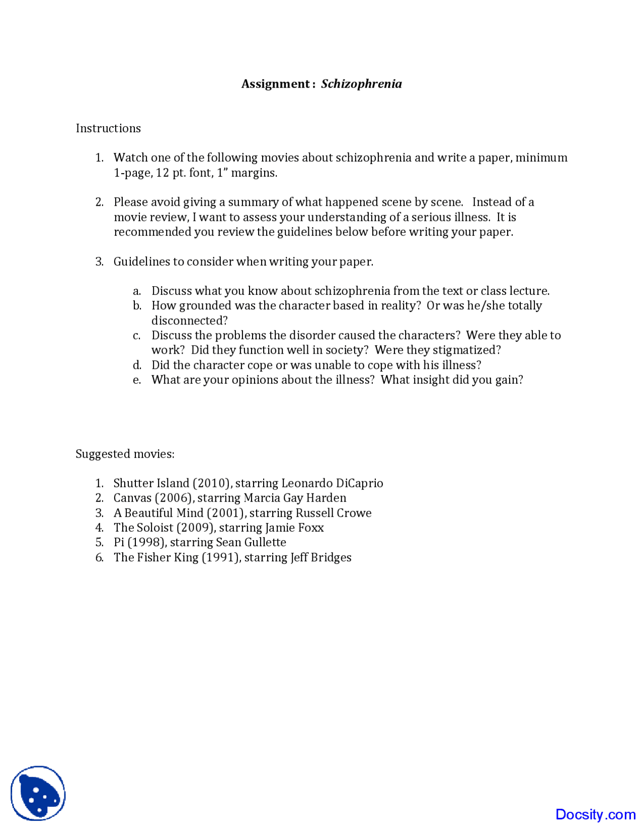 Schizophrenia Cognitive Developmental Psychology Assingment Docsity