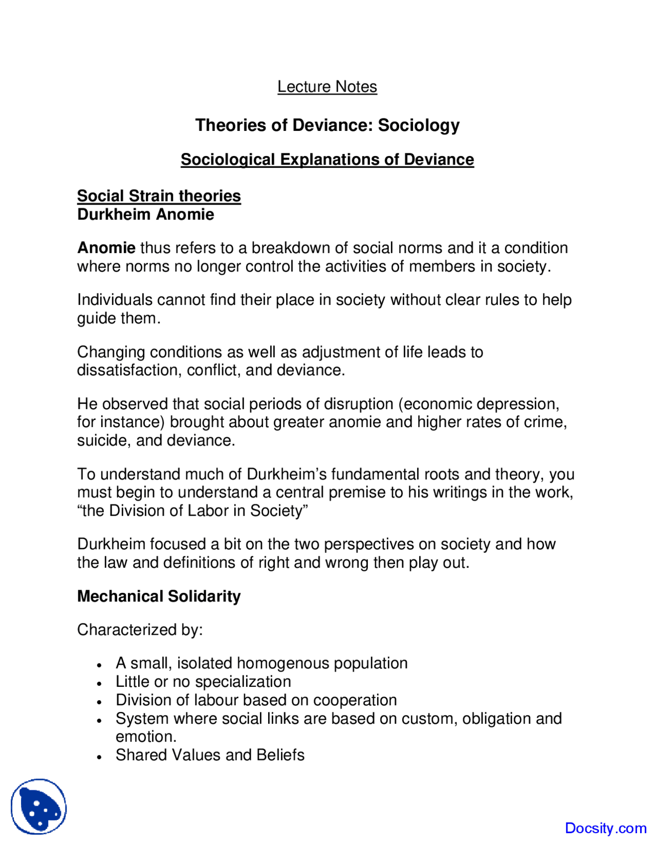 Theories Of Deviance Sociology Deviance Lecture Notes Docsity