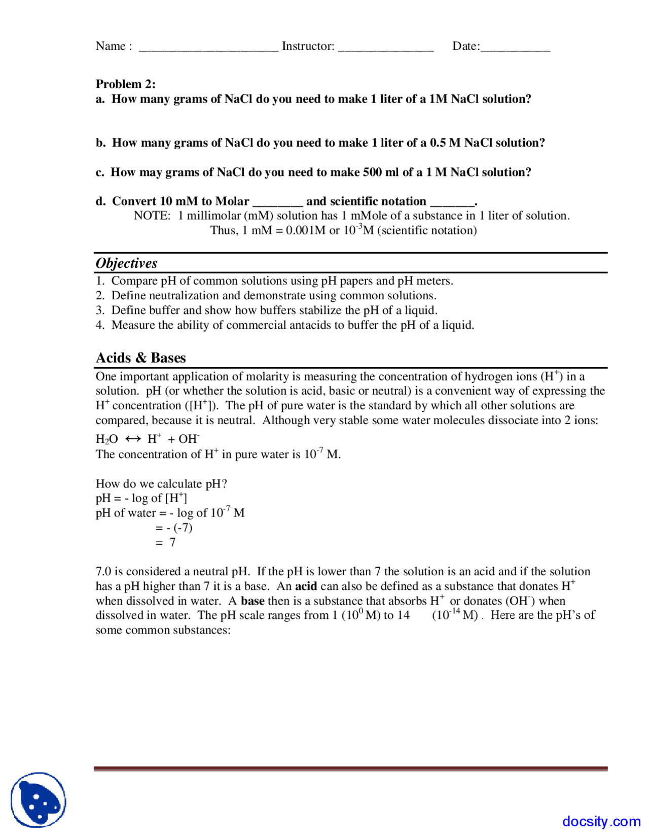 Acids and Bases - Biology - Lab Manual - Docsity