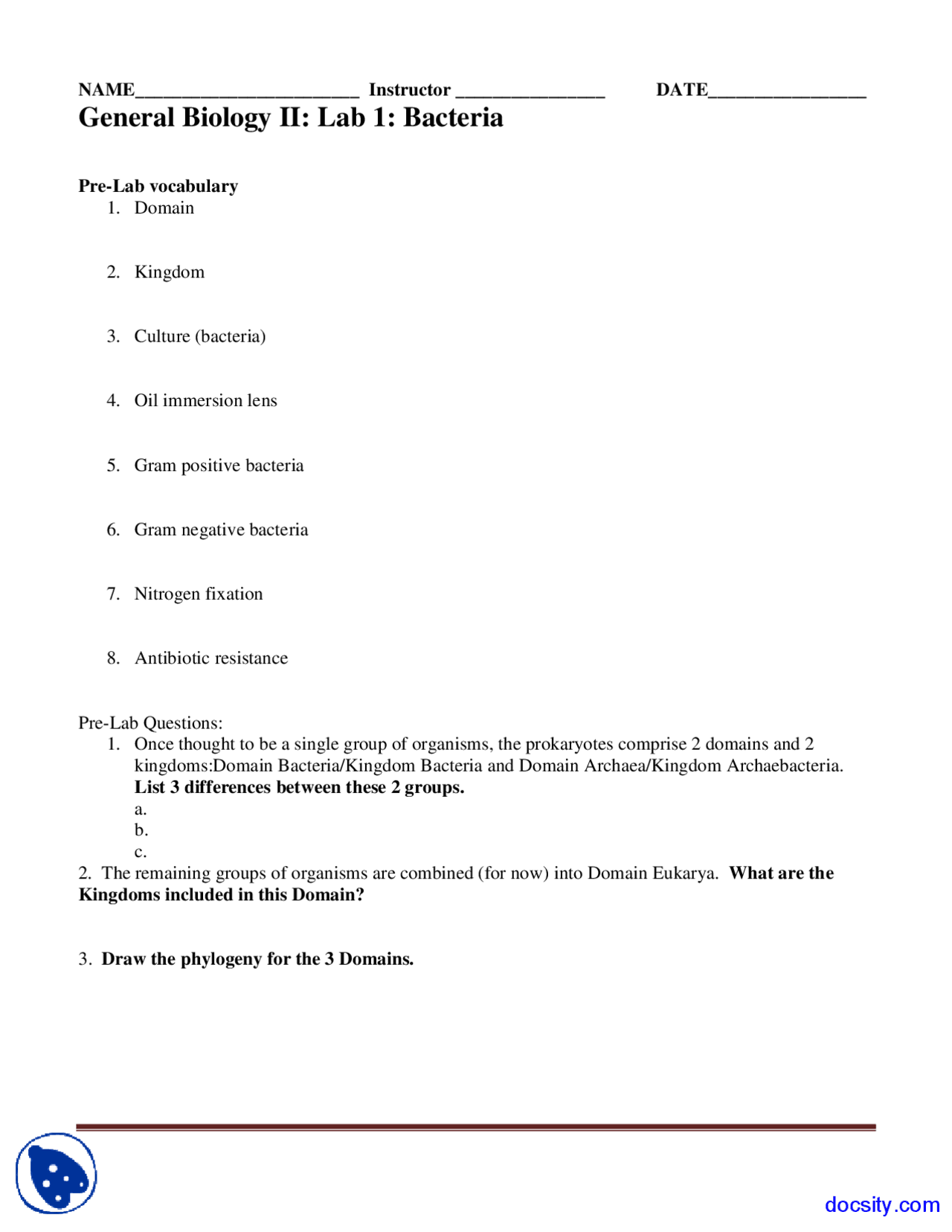 Bacteria - Biology - Lab Manual - Docsity