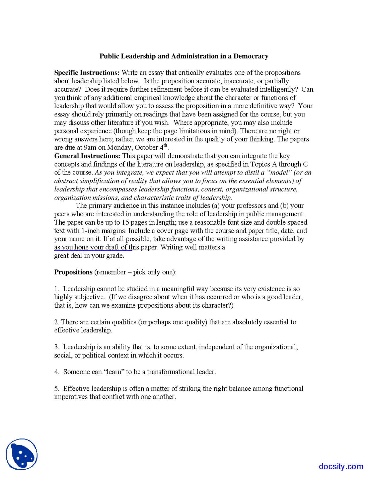 Specific Instructions Public Leadership And Management Exam Docsity