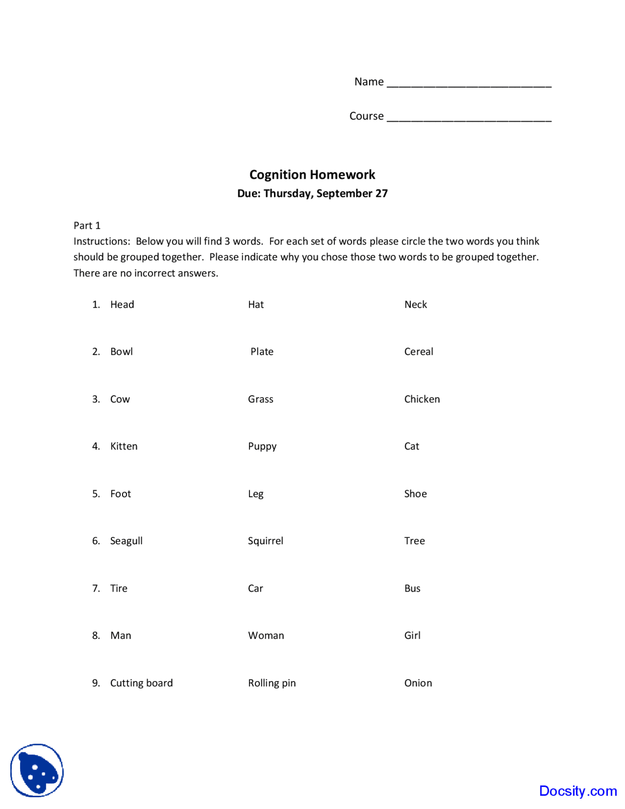 Cognition - Cross Cultural Psychology - Assignment - Docsity