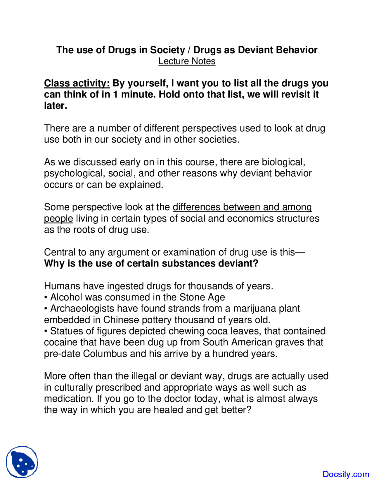 Drug Use In Society Deviance Lecture Notes Docsity