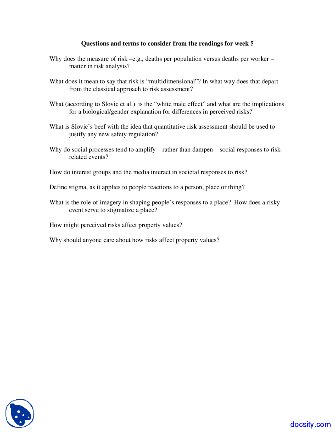 Risk Analysis Risk And Public Policy Guide Docsity