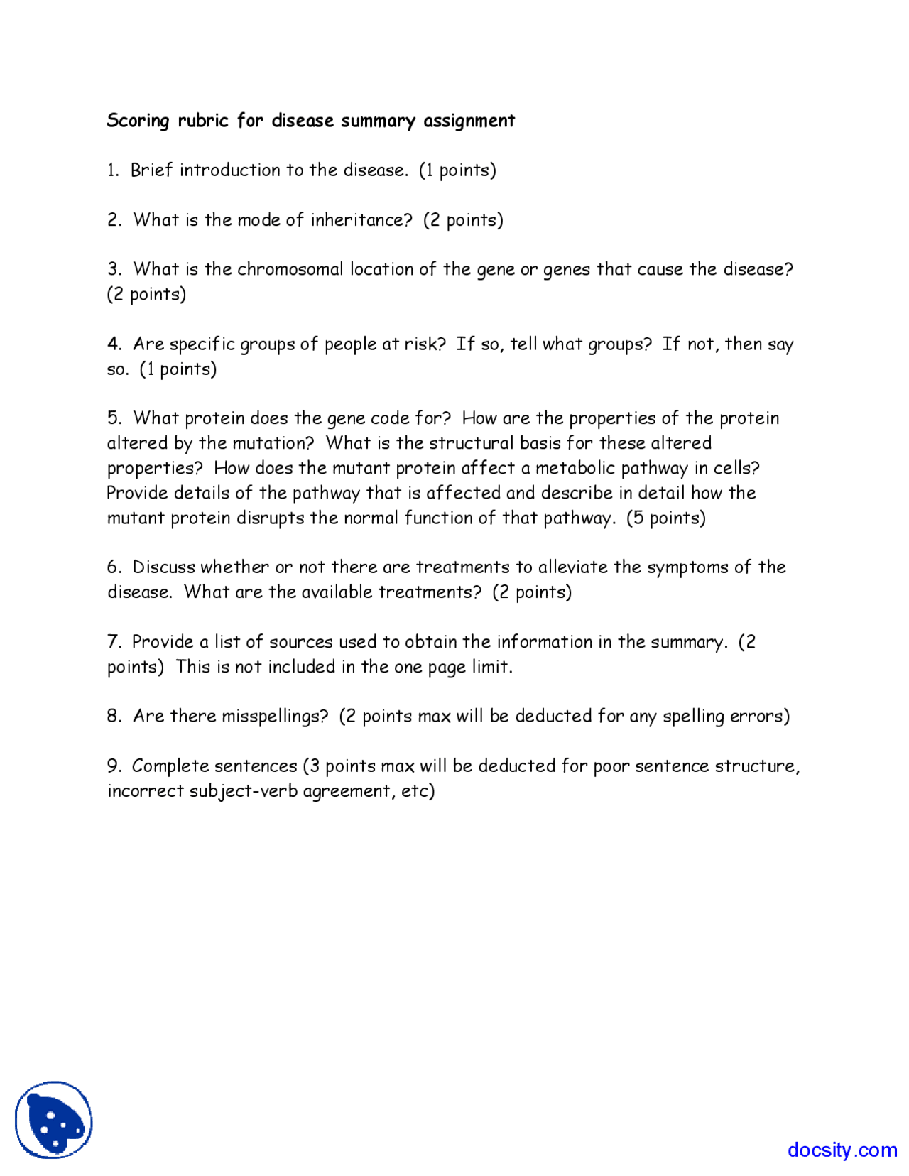 Scoring Disease Introduction To Biochemistry Assignment Docsity