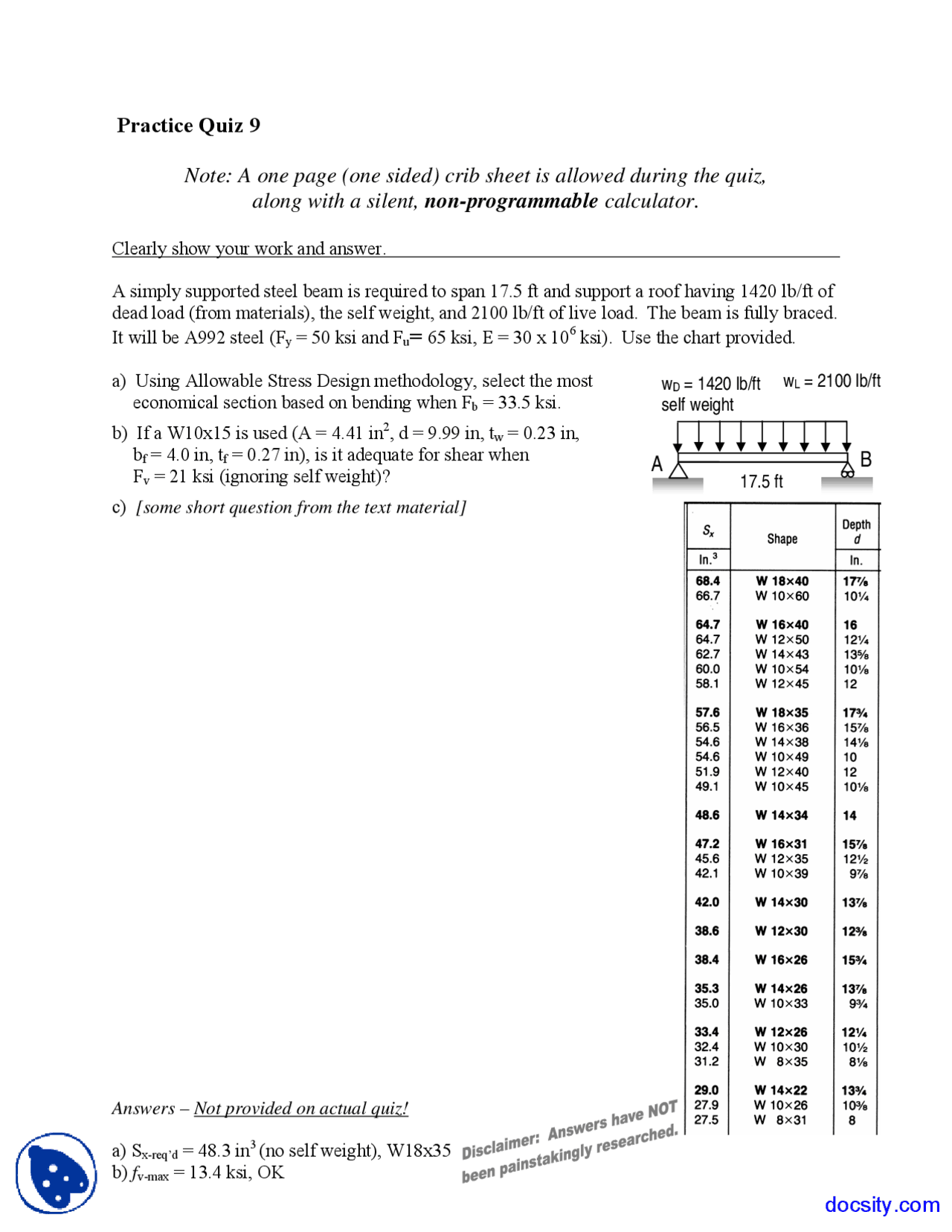 Simply Supported Architectural Structures Quiz Docsity