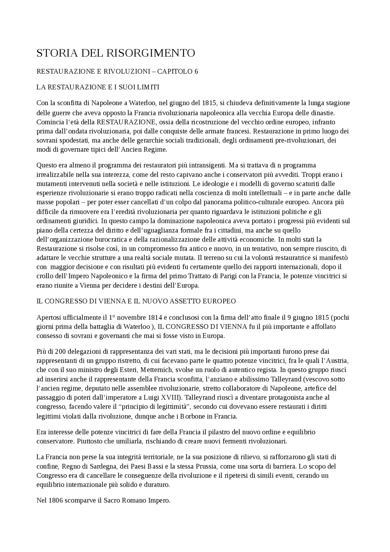 Storia del Risorgimento - Riassunti - Sabbatucci - Storia Contemporanea - Docsity