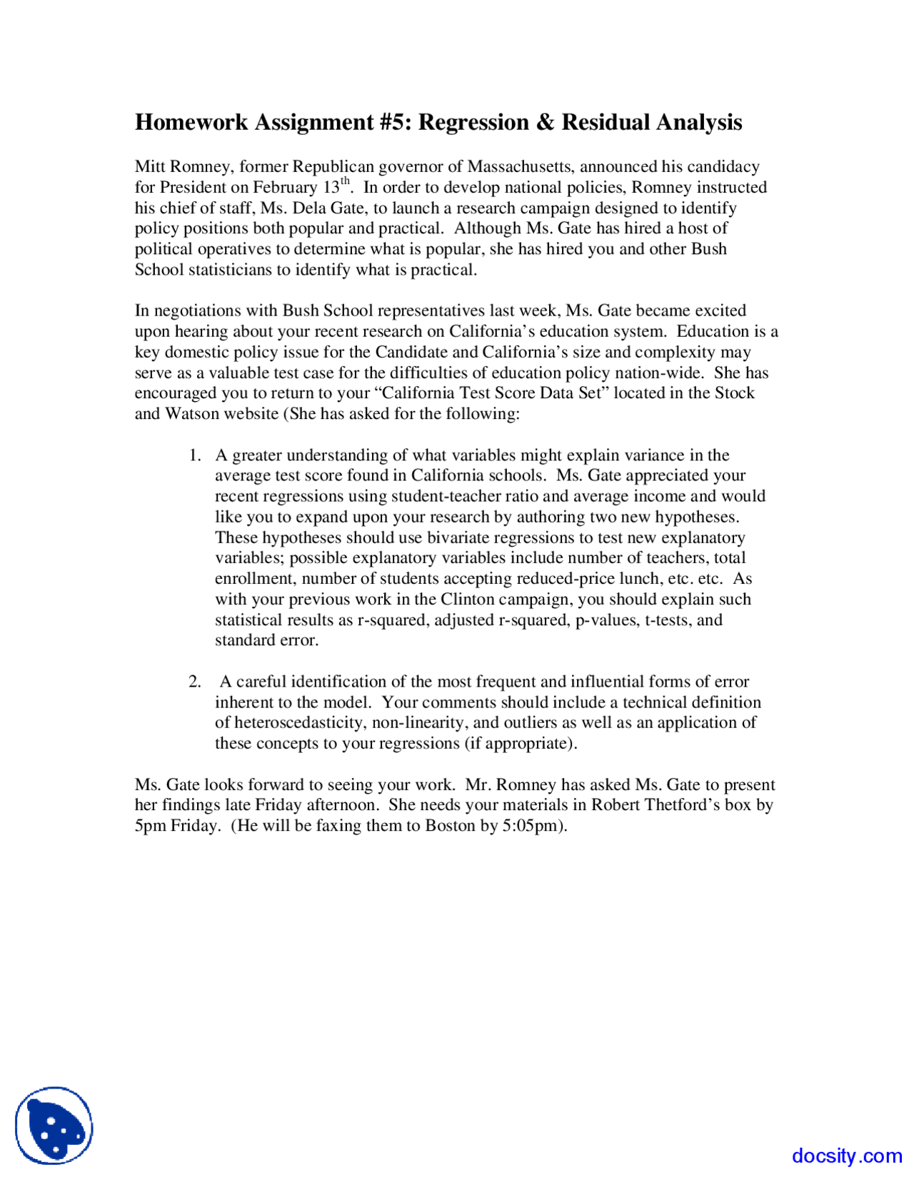 Regression And Residual Analysis Risk And Public Policy Assignment
