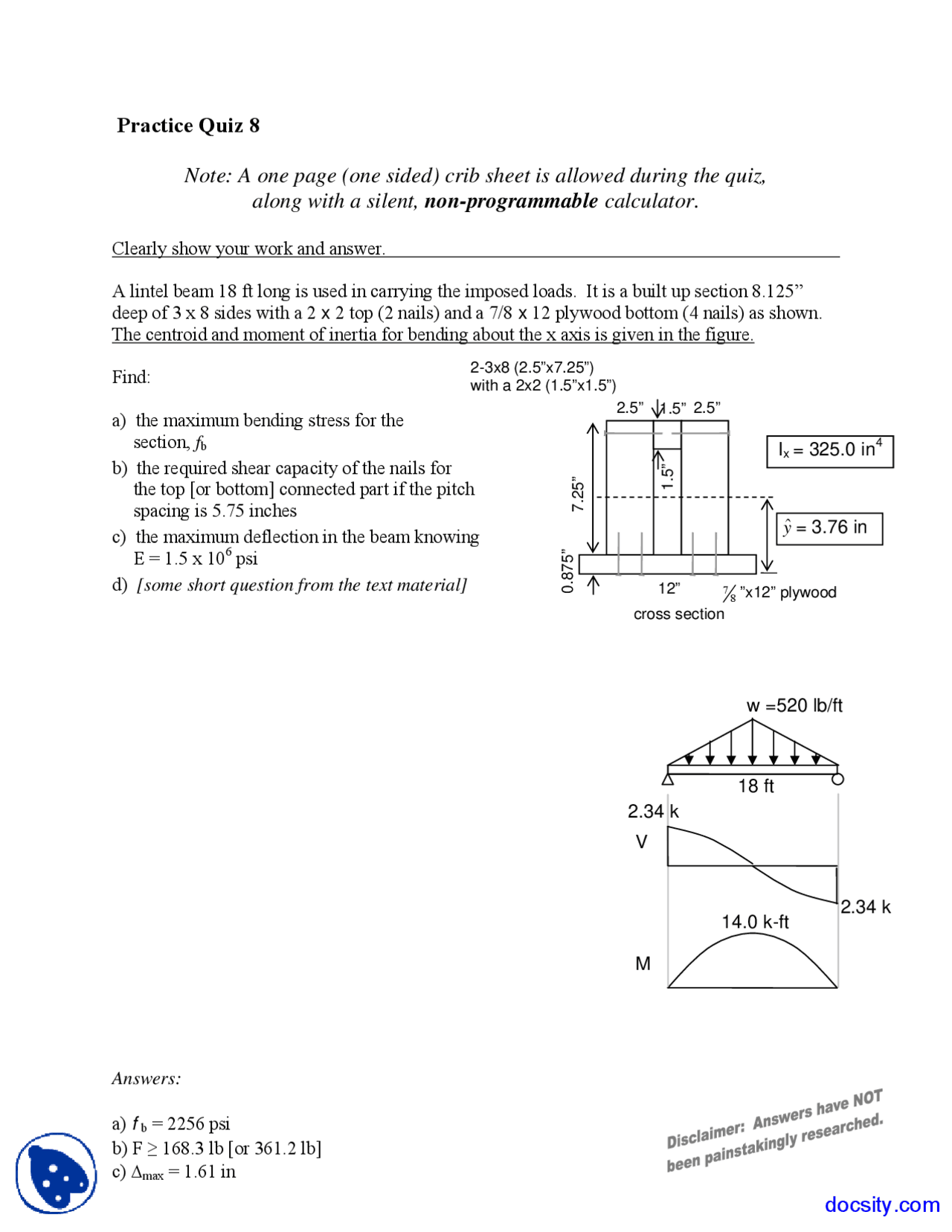 Maximum Bending Architectural Structures Quiz Docsity