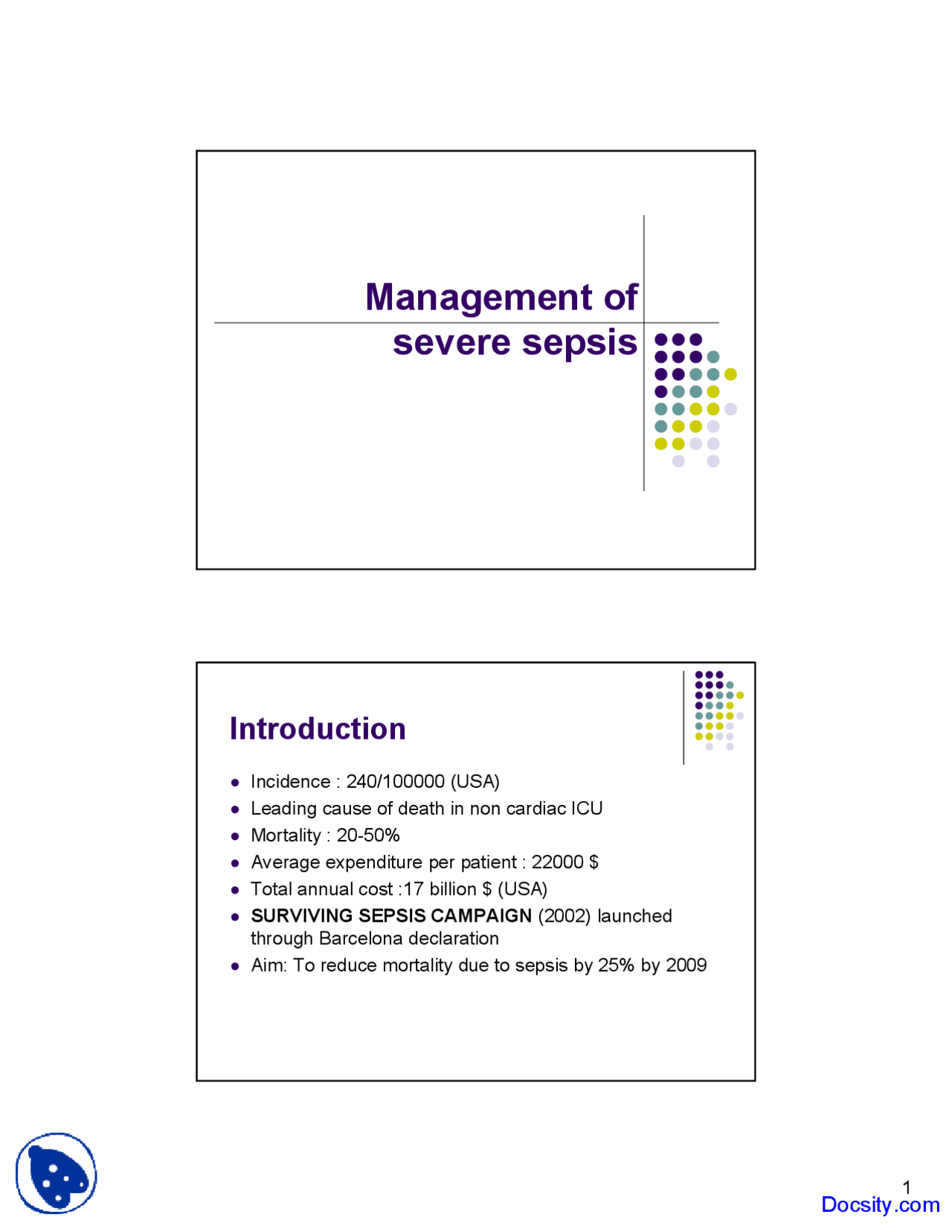 Management Of Severe Sepsis Pulmonary Medicine Lecture Slides Docsity