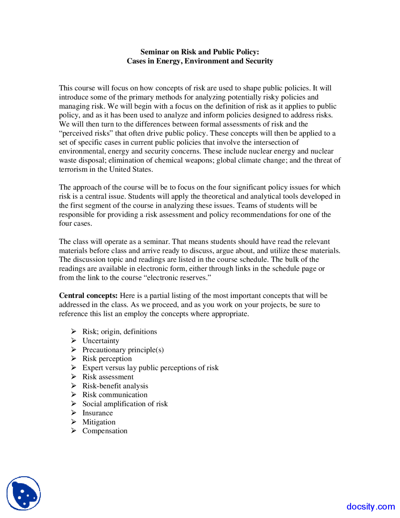Environment And Security Risk And Public Policy Lecture Notes Docsity