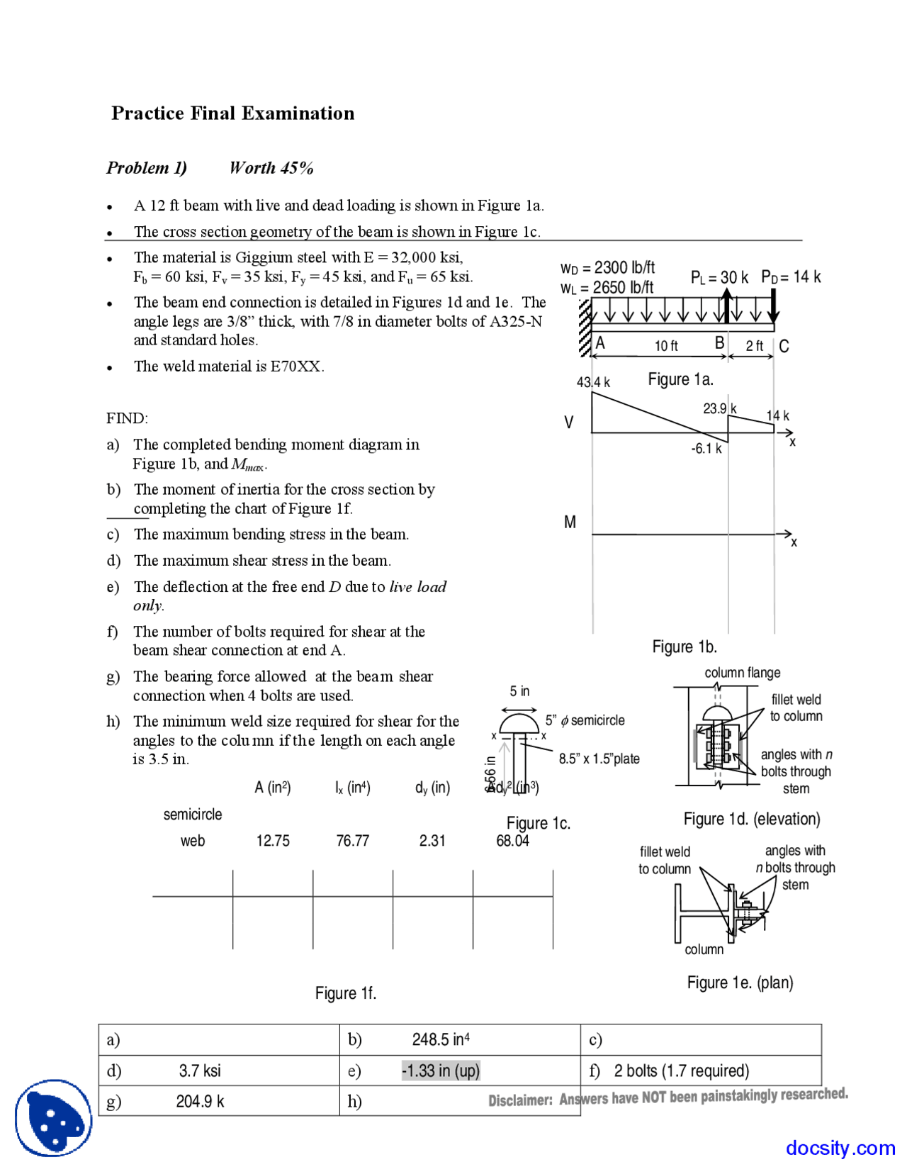 Beam End Connection Architectural Structures Quiz Docsity