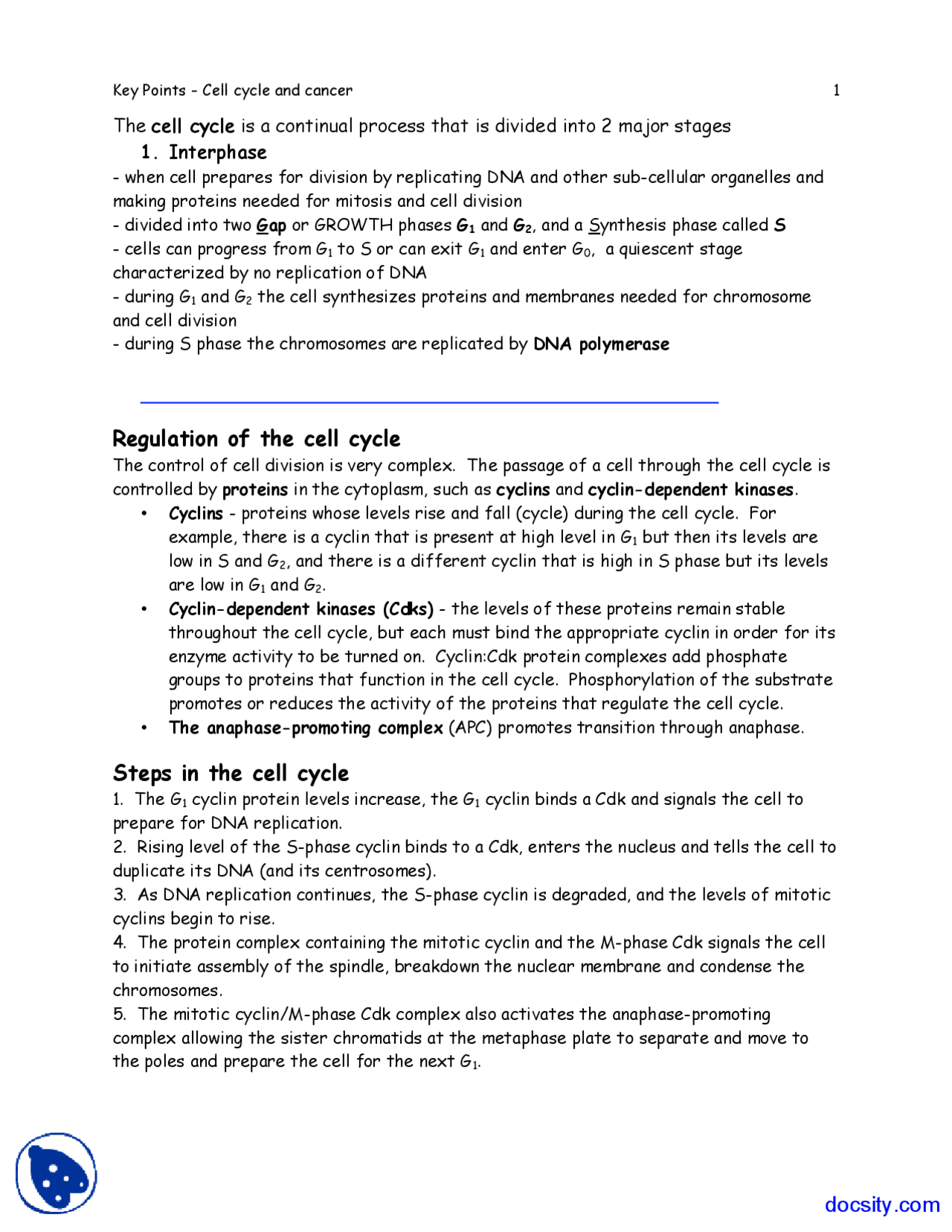 Cell Cycle Cancer - Introduction to Biochemistry - Handout - Docsity