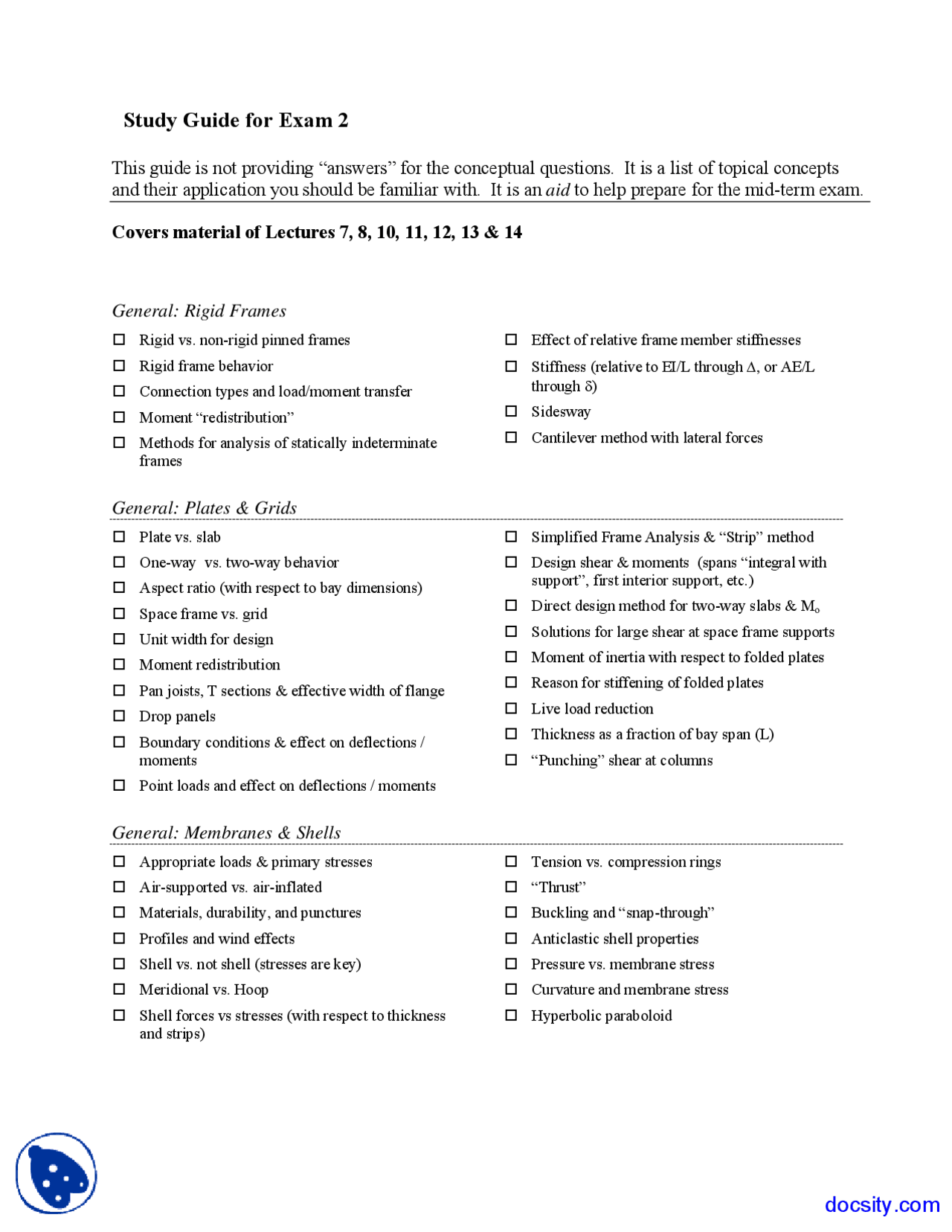 ARCH 631 Exam 2 Study Guide: Topics and Applications for Lectures 7-14 ...