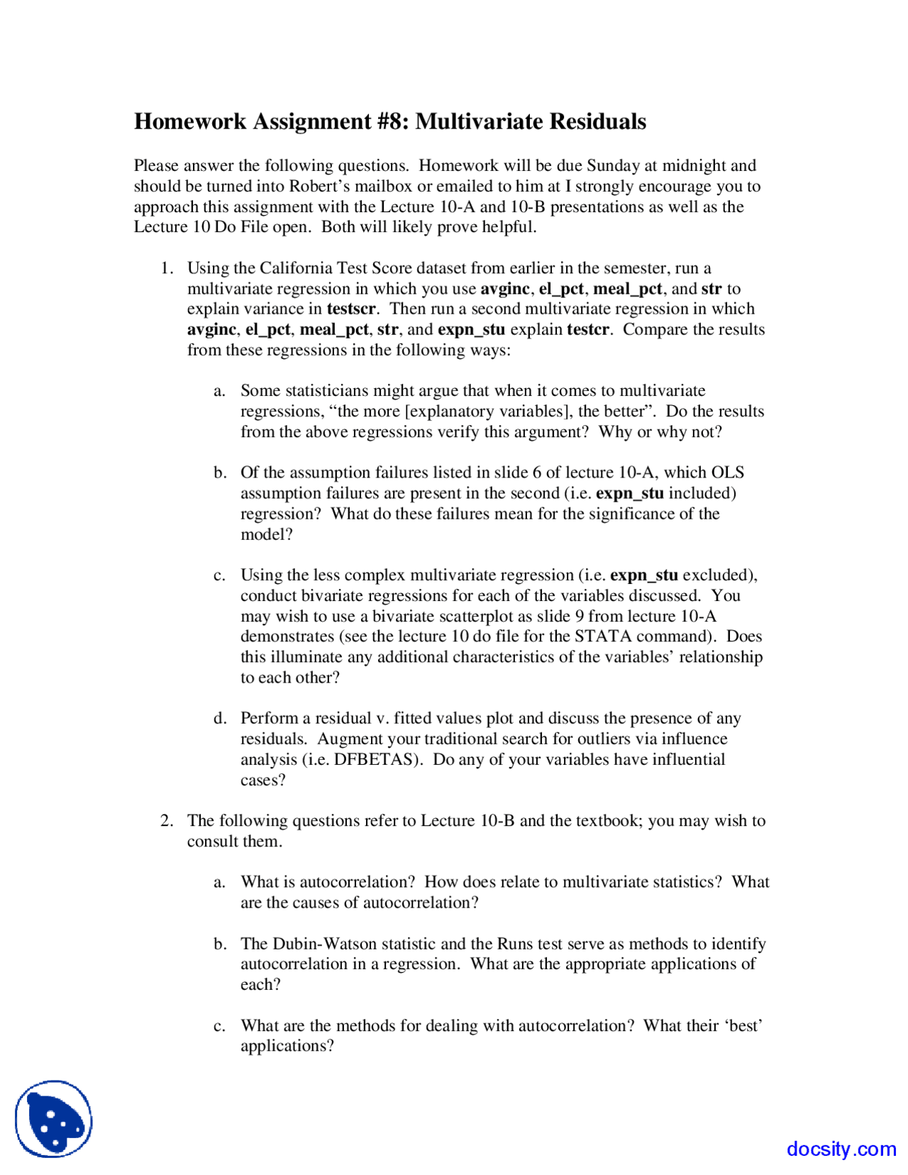 Multivariate Residuals Risk And Public Policy Assignment Docsity