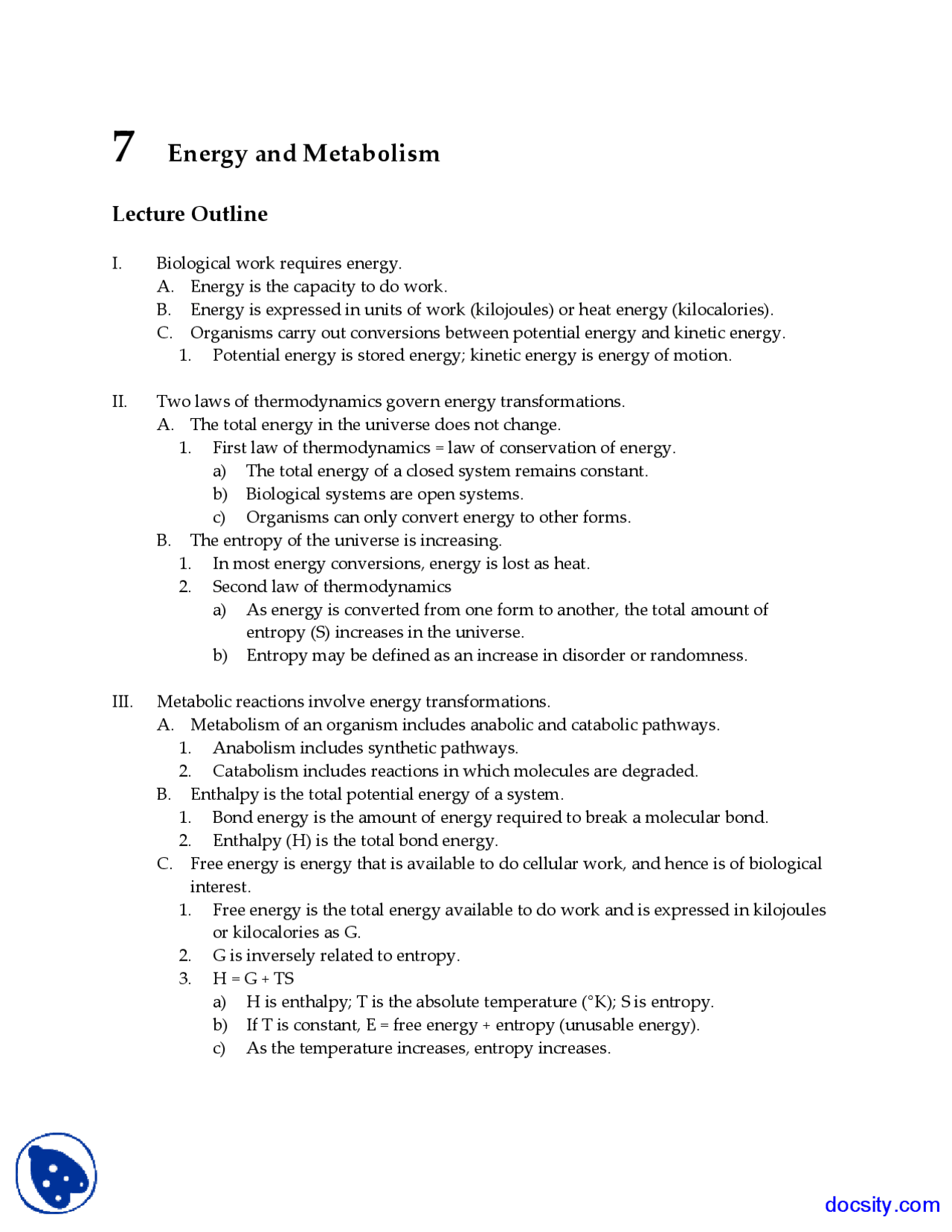 Energy And Metabolism Biology Lecture Notes Docsity