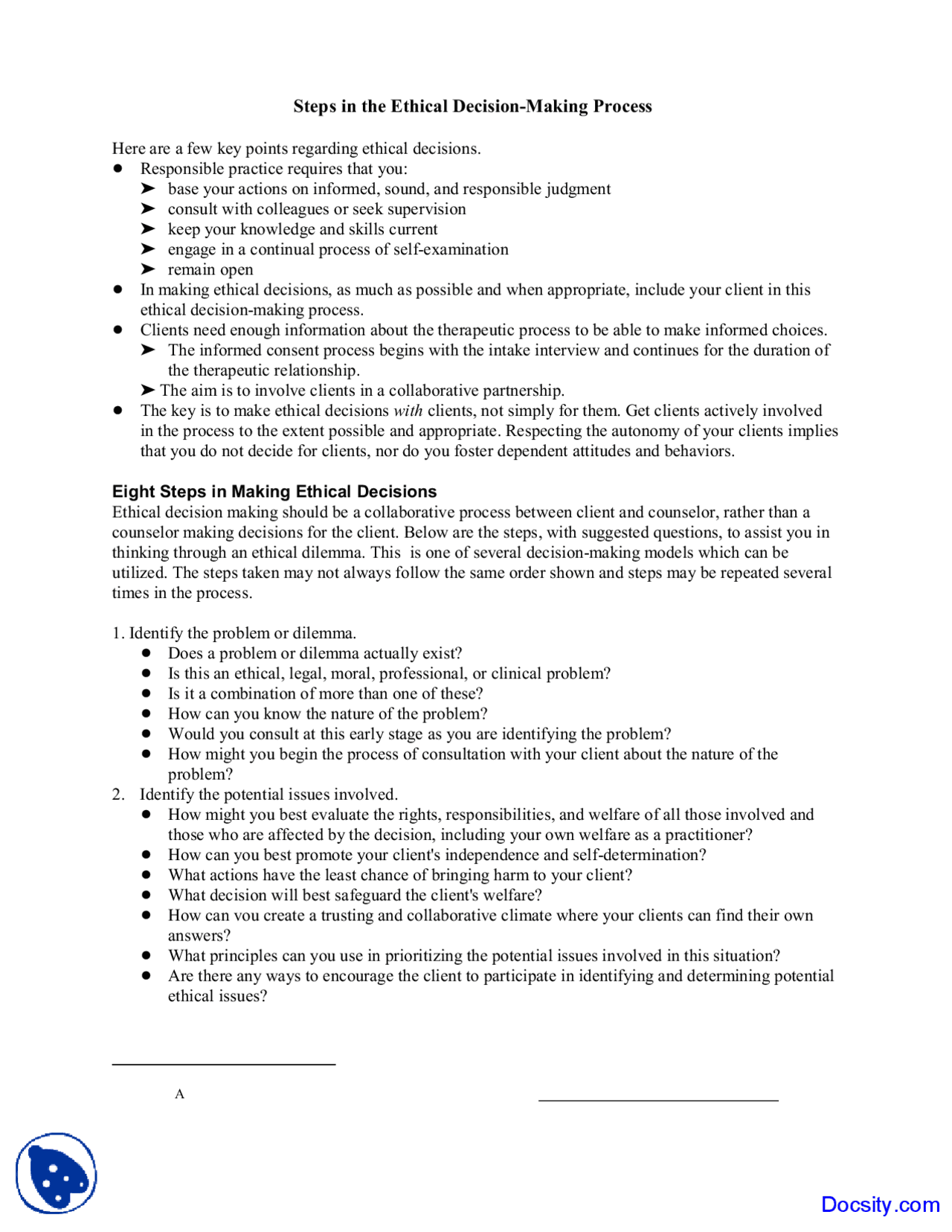 Ethical Decision Making Counseling Theory Lecture Notes Docsity