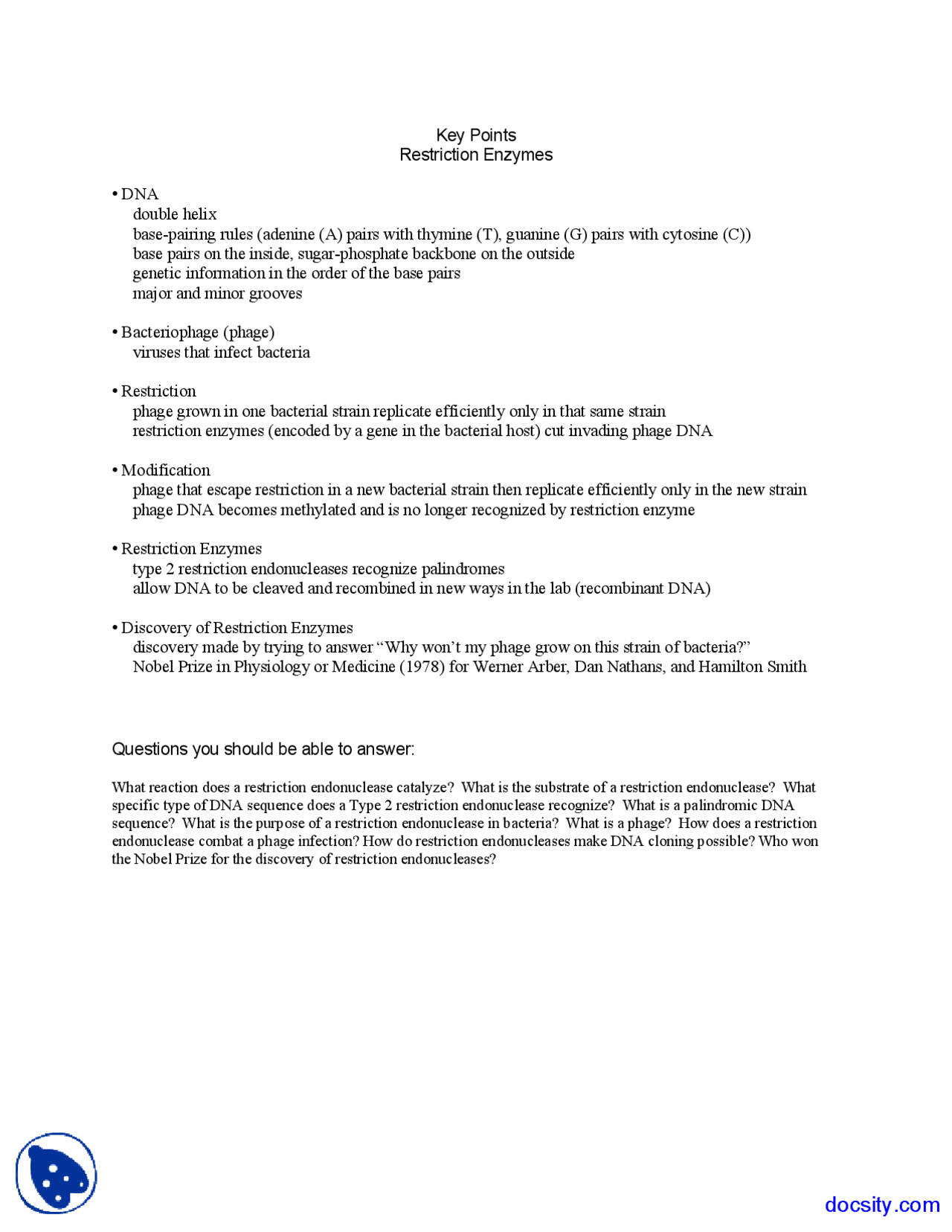 Restriction Enzymes Introduction To Biochemistry Handout Docsity
