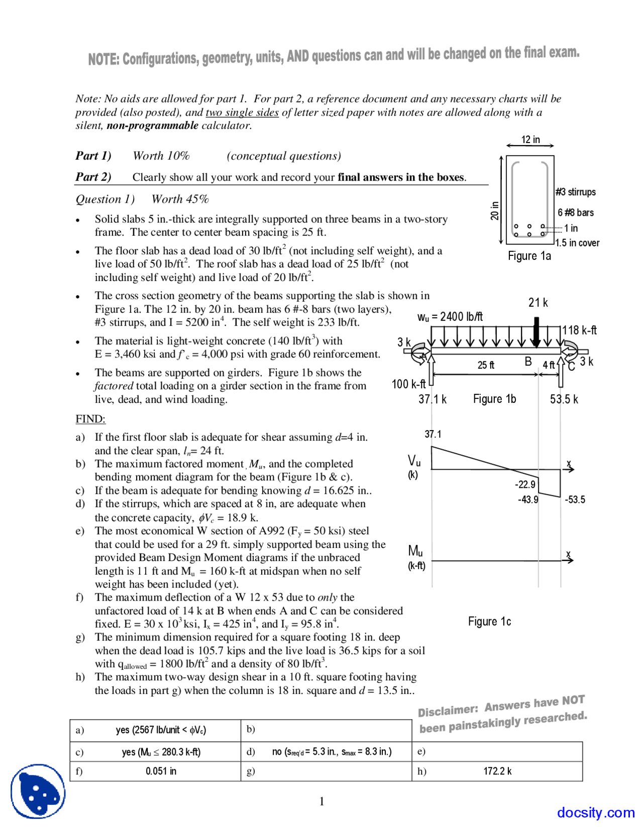 Roof Slab - Elements of Architectural Structures - Exam - Docsity