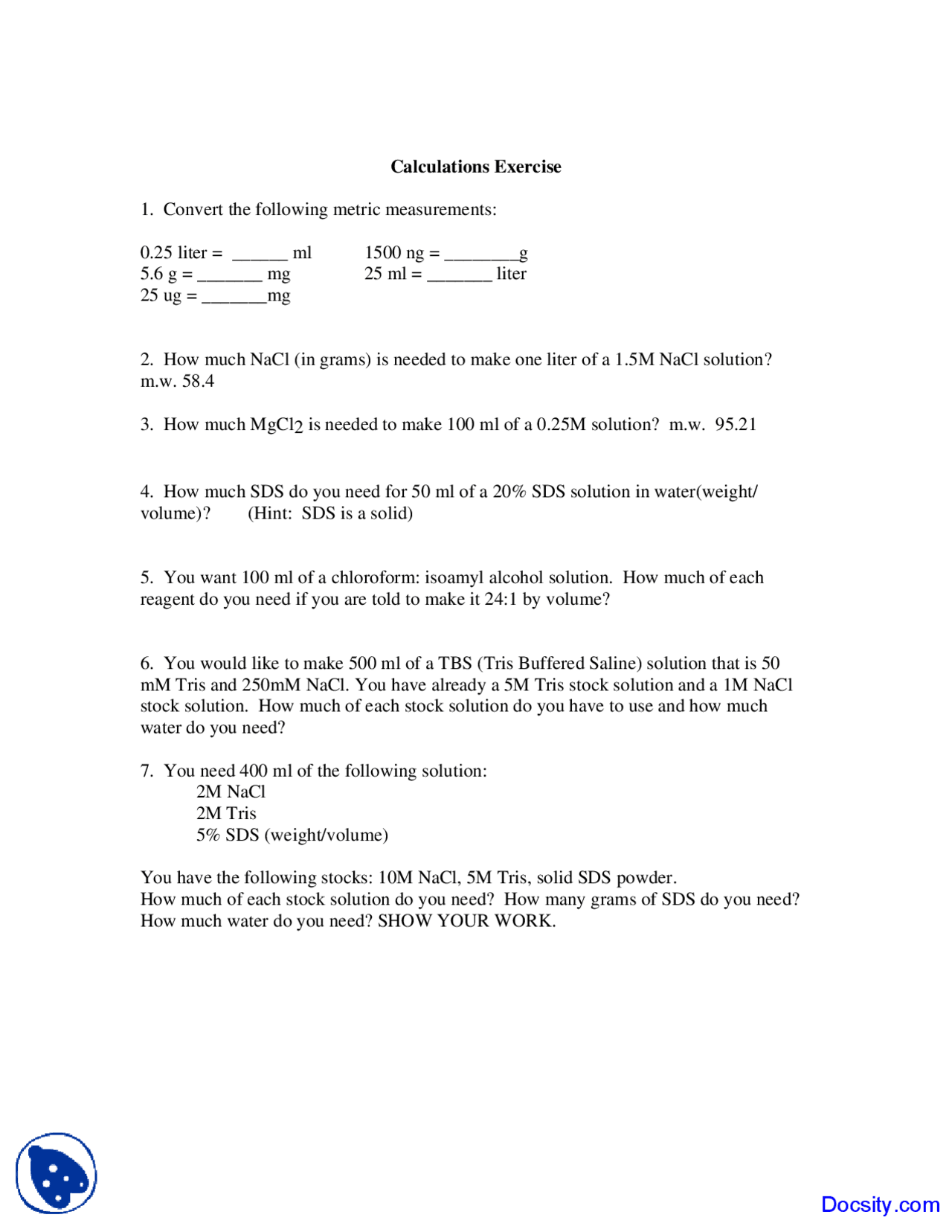 Metric Measurements - Techniques in Molecular Biology - Quiz - Docsity