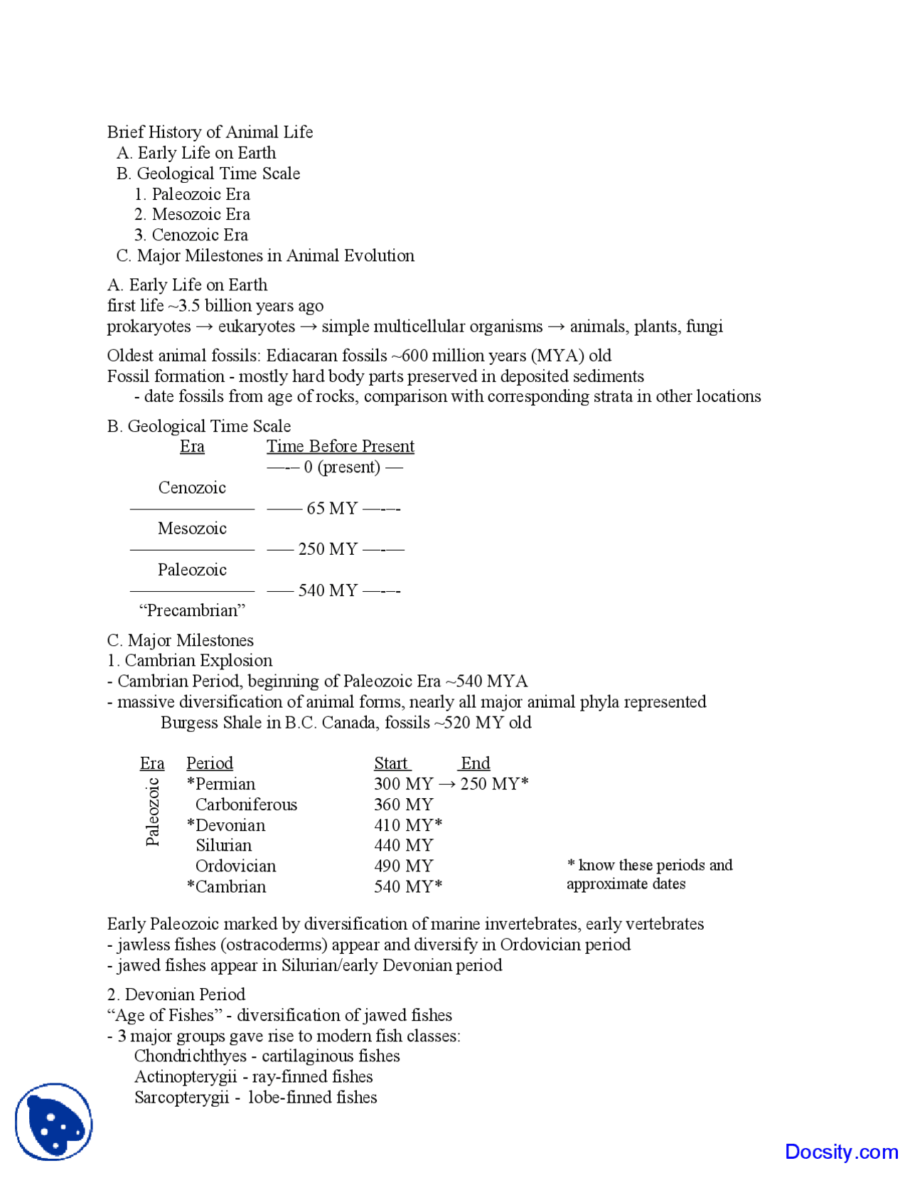 History of Animal Life - Zoology - Lecture Notes - Docsity