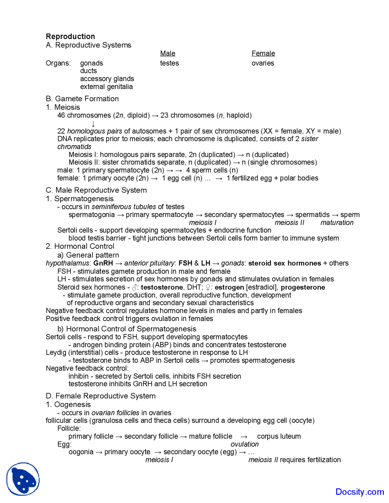 Reproduction Human Physiology Lecture Notes Docsity