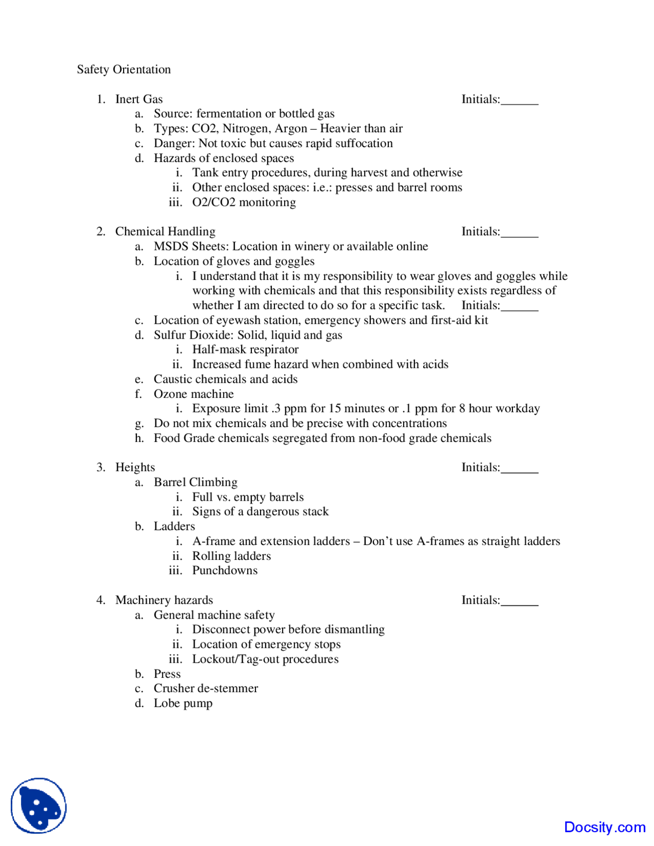 Safety Orientation Wine Quiz Docsity