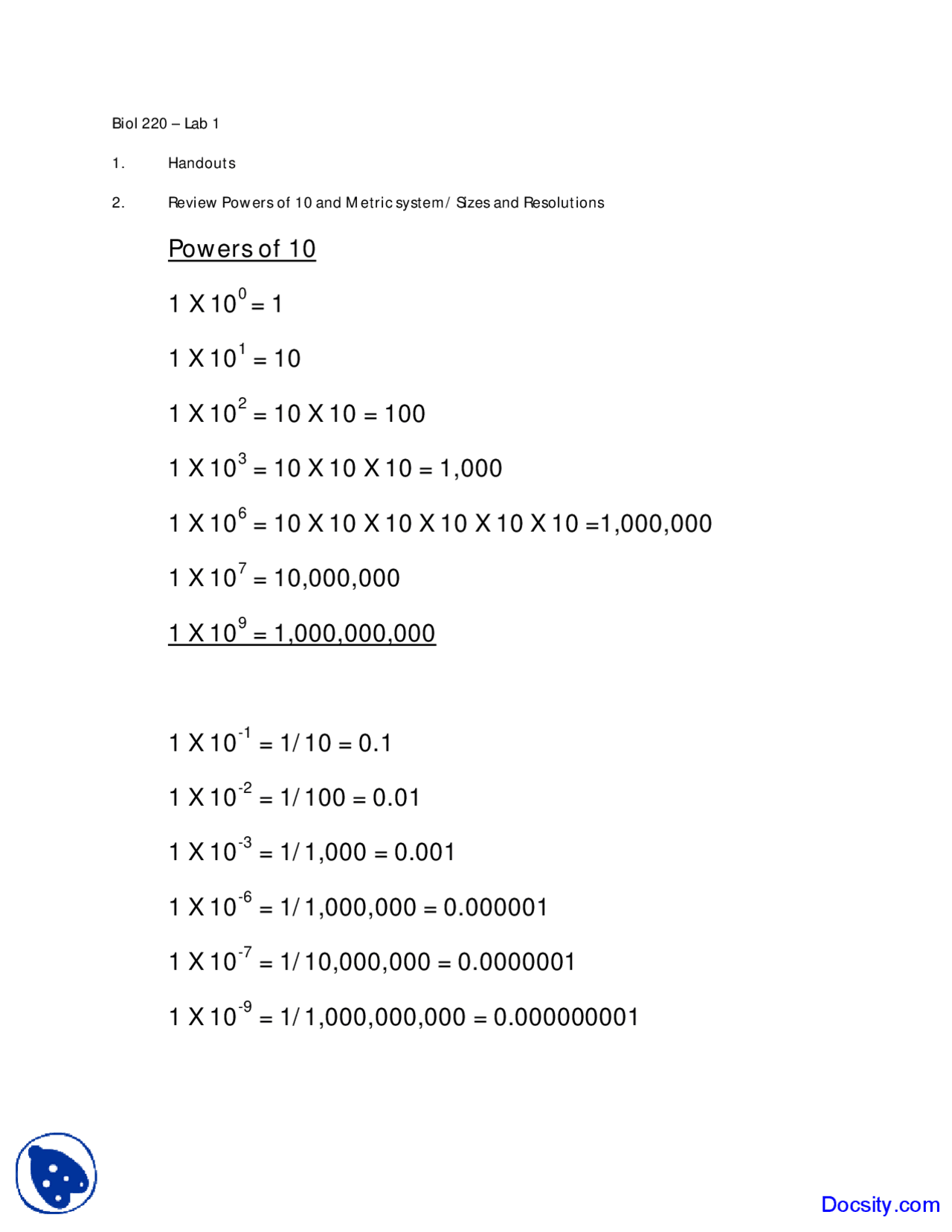 Metric System - Fundamentals of Microbiology - Lecture Notes - Docsity