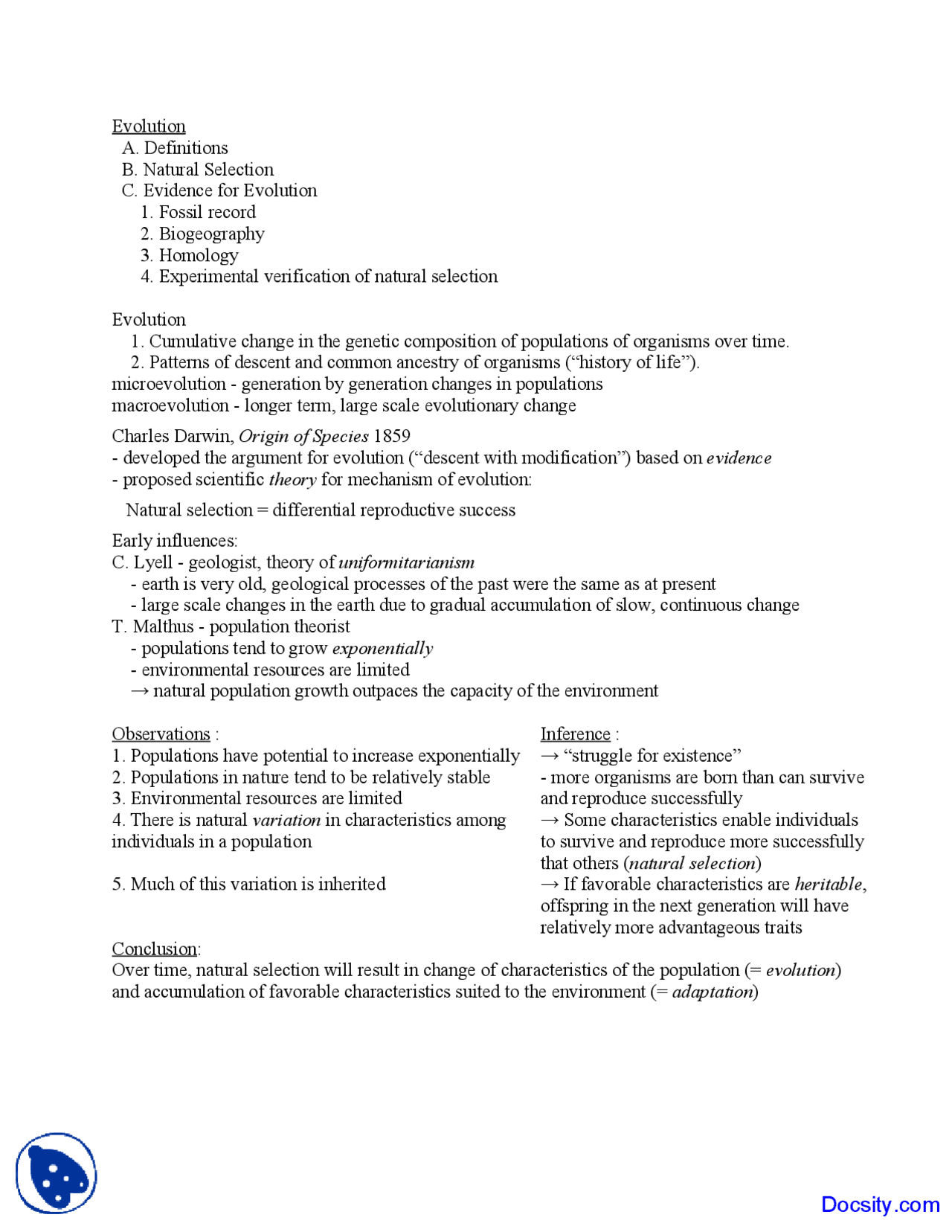 Evidence for Evolution - Zoology - Lecture Notes - Docsity