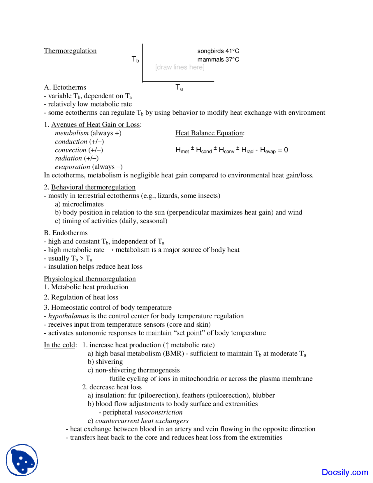 Thermoregulation - Zoology - Lecture Notes - Docsity