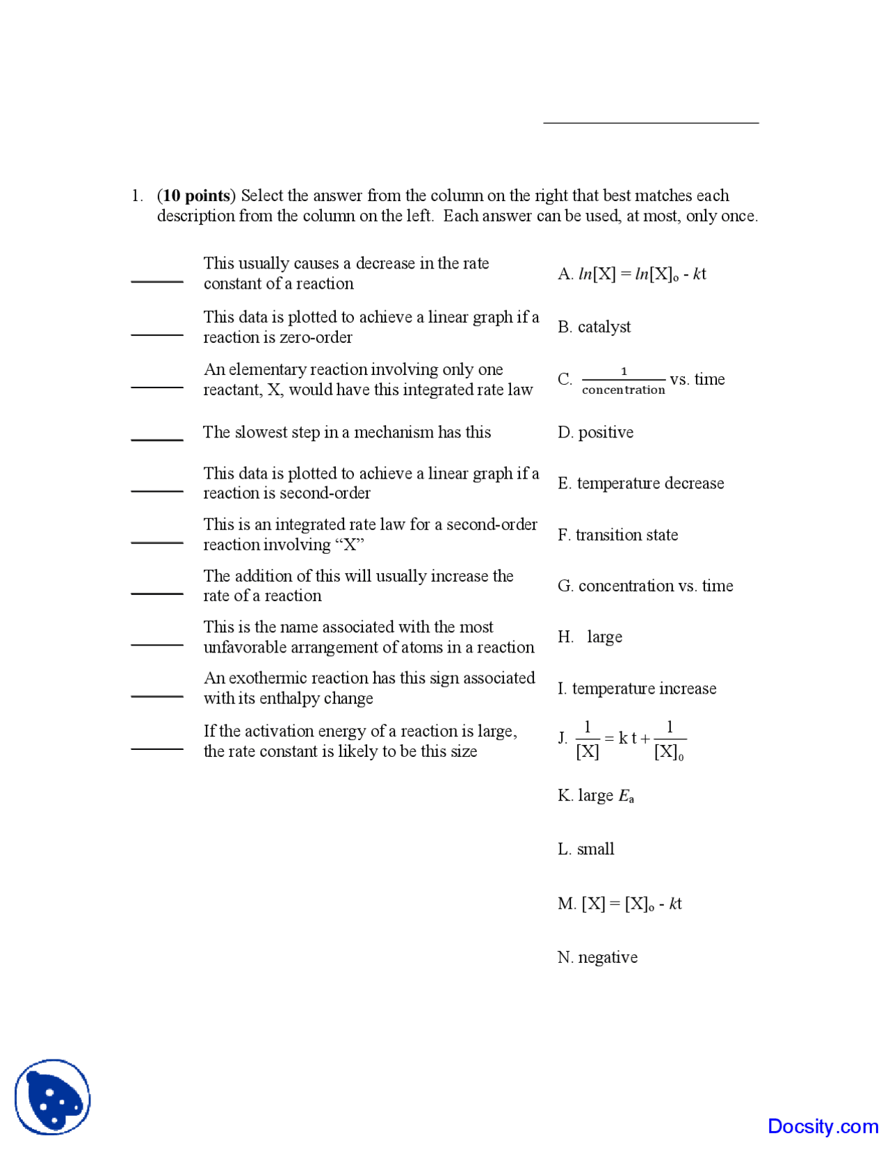 Transition State General Chemistry Quiz Docsity