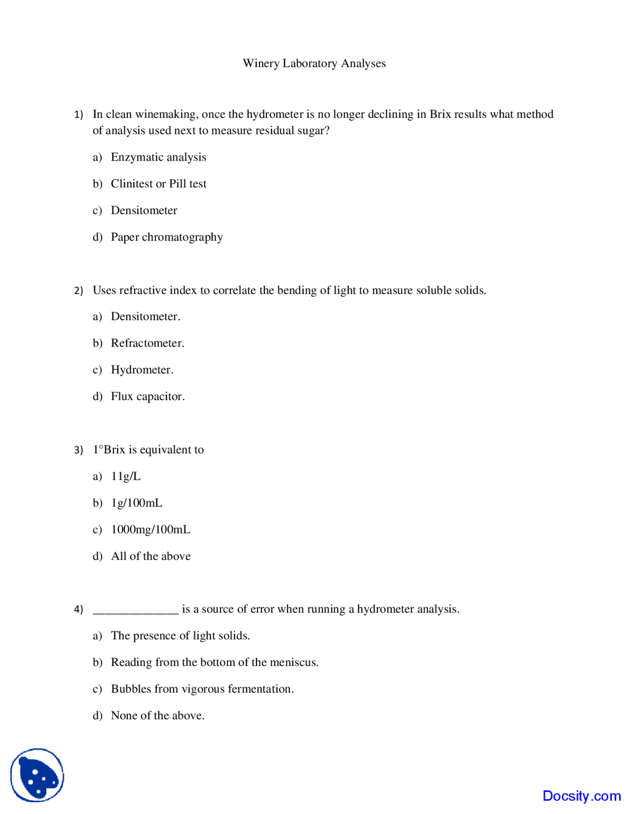 Winery Laboratory Analyses Wine Quiz Exercises Winemaking Docsity