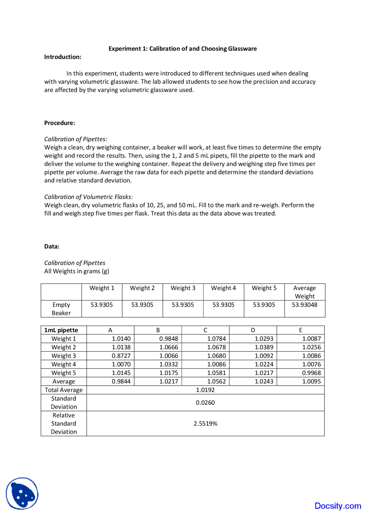 Choosing Glassware General Chemistry Lab Experiments Docsity