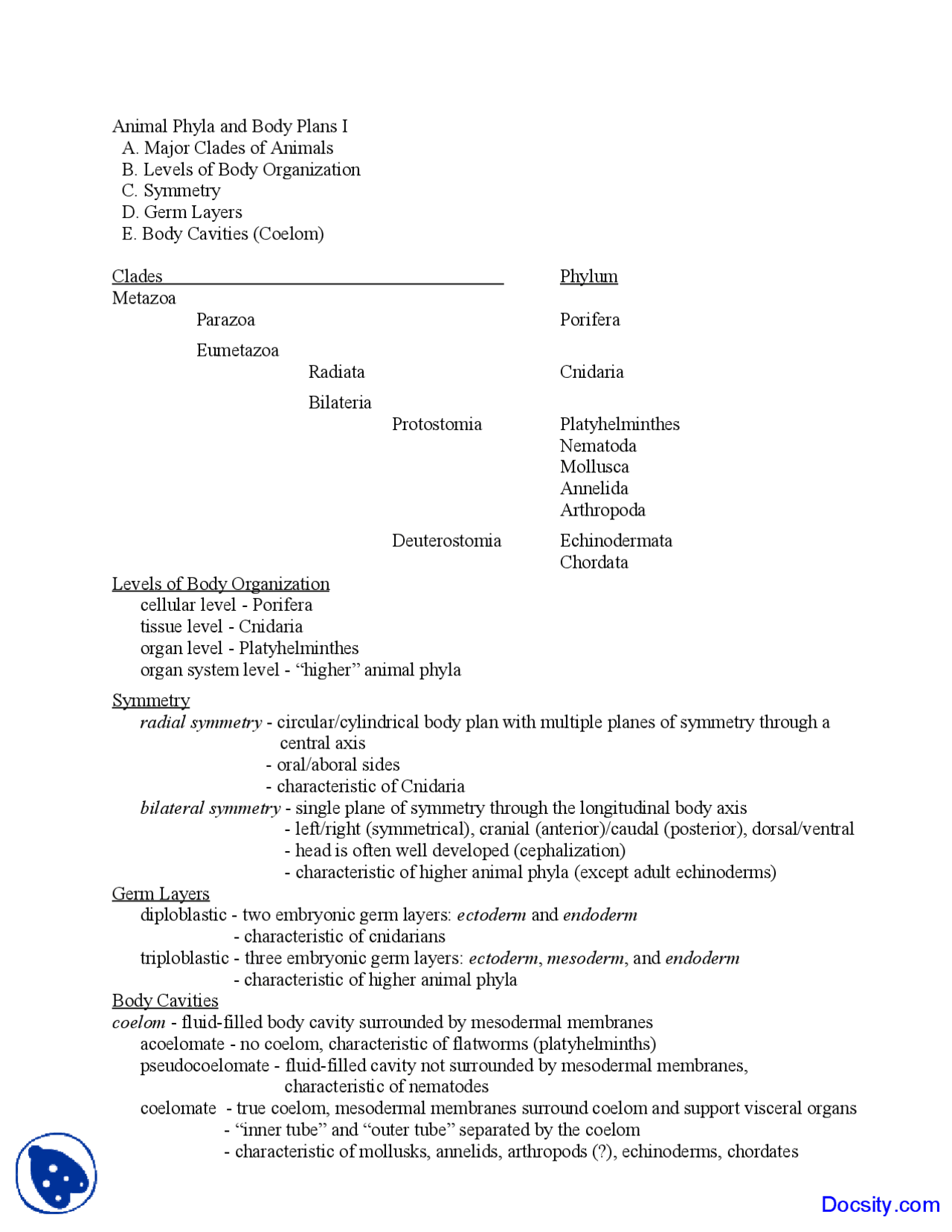 Animal Phyla and Body Plans - Zoology - Lecture Notes | Study notes ...