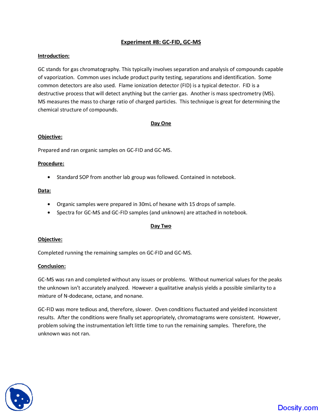 Gas Chromatography General Chemistry Lab Experiments Docsity