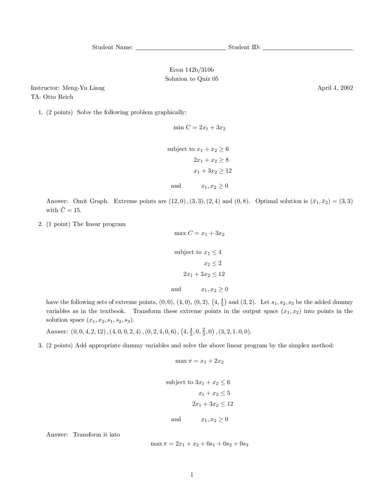 Linear Program - Principles of Mathematical Economics - Solved Quiz ...