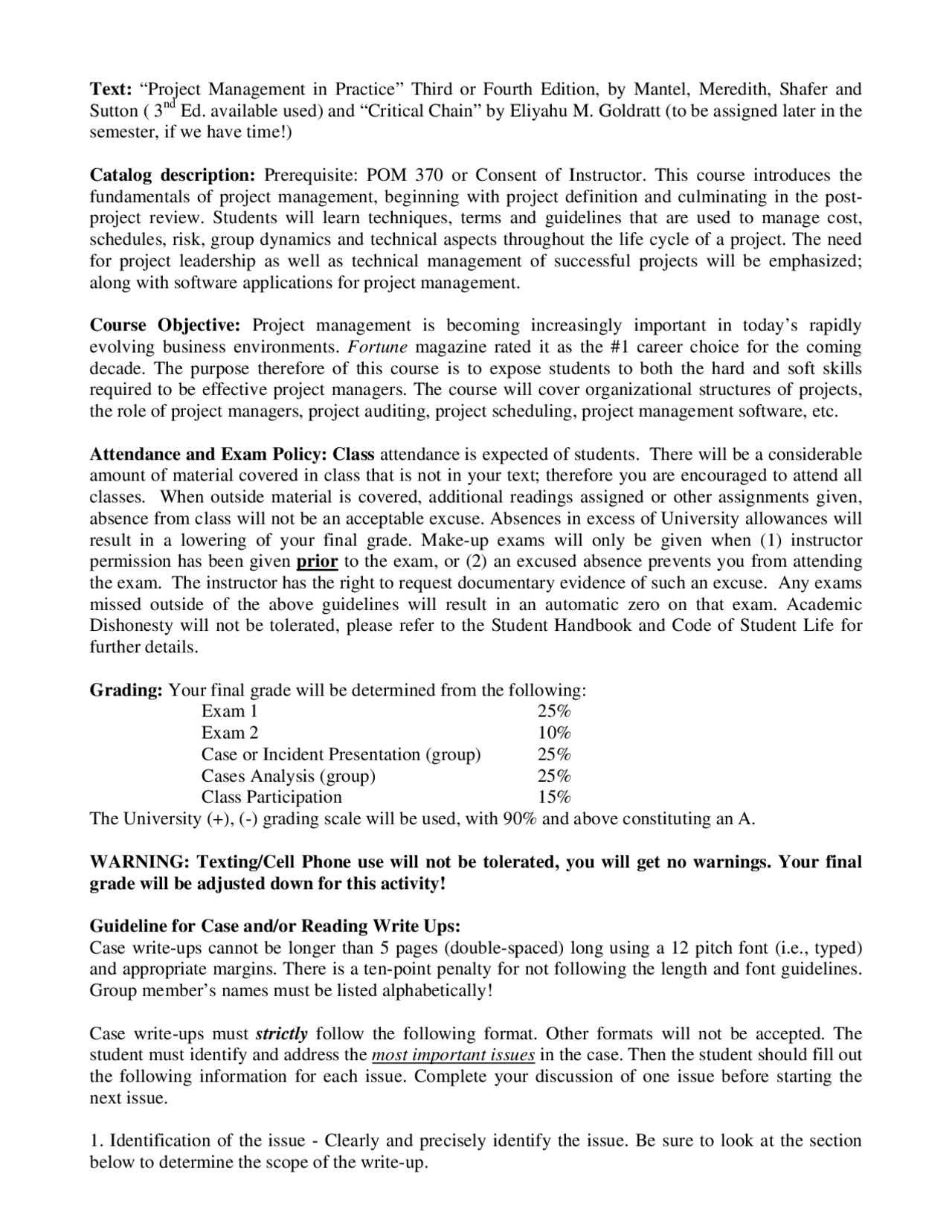Starting Point - Project Management - Syllabus - Docsity