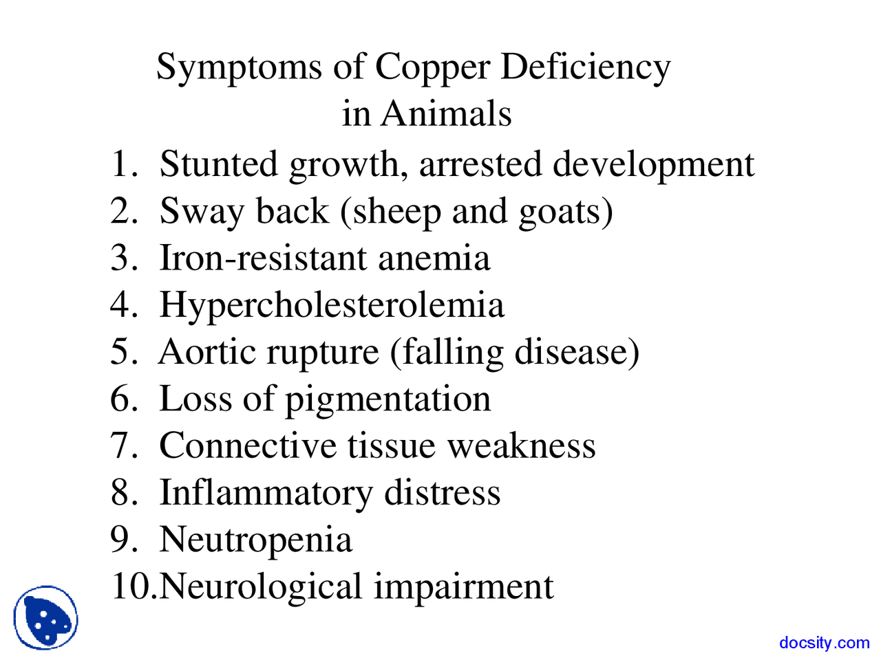 Symptoms of Copper - Nutrition - Lecture Slides - Docsity