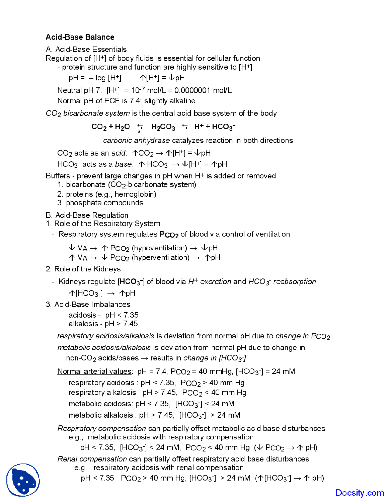 Acid Base Balance Human Physiology Lecture Notes Docsity