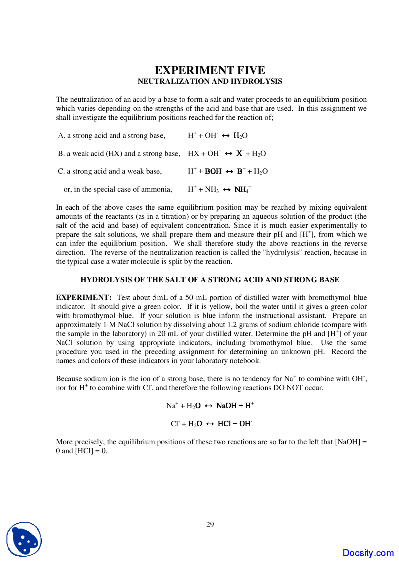 Neutralization - Principles of Chemistry - Lab Experiment Manual - Docsity