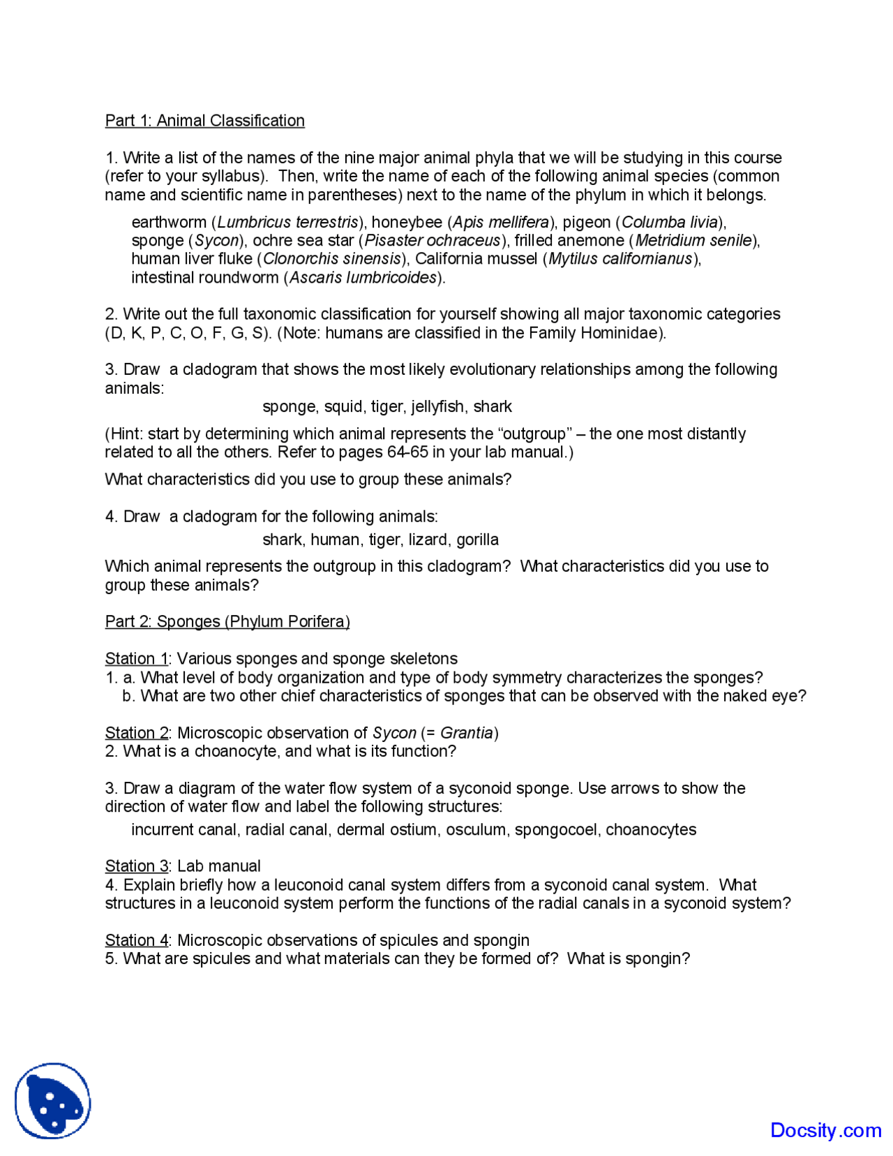 Animal Classification - Zoology - Quiz - Docsity