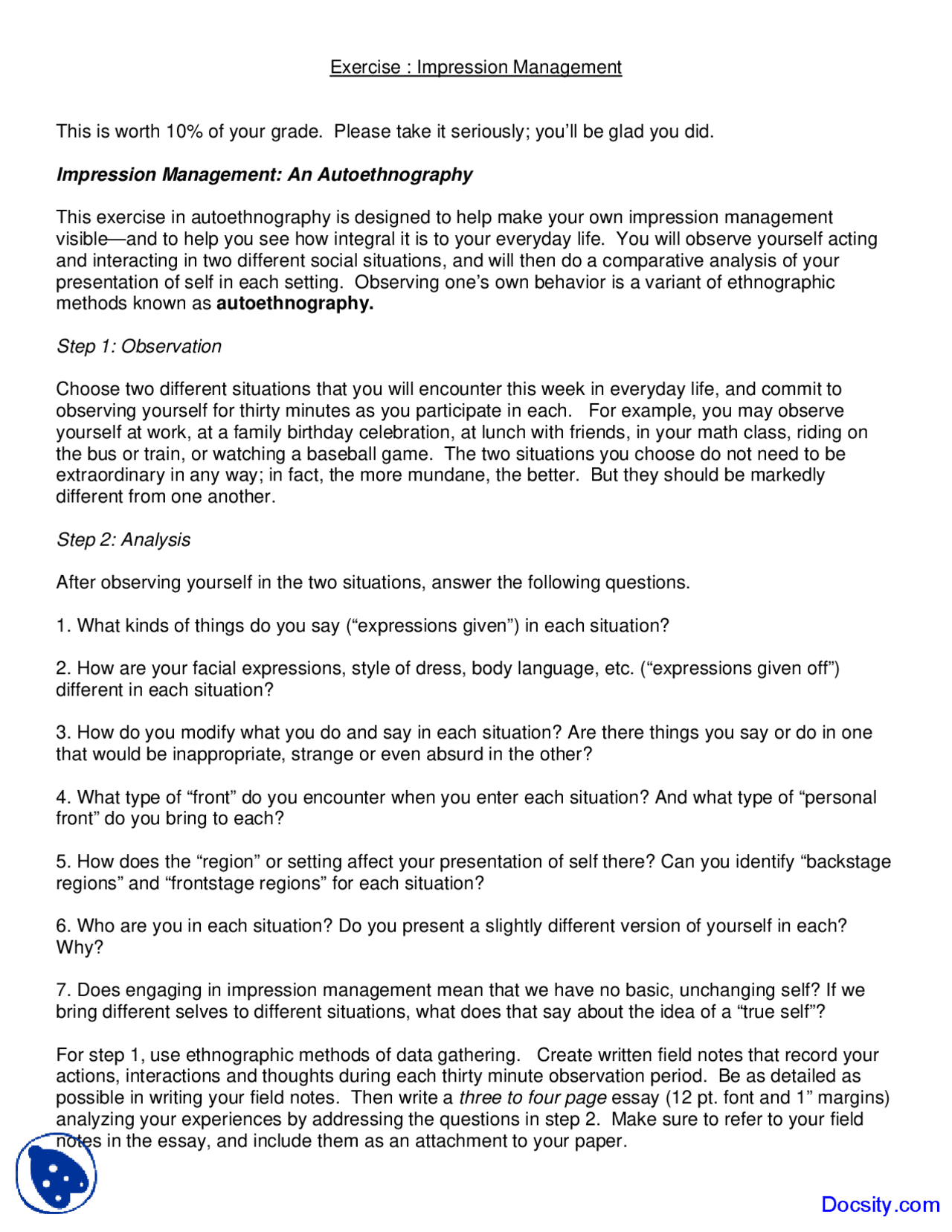Impression Management - Social Psychology - Exercise - Docsity