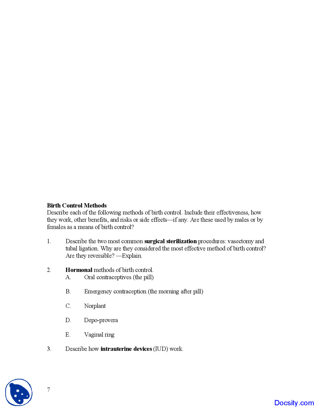 Birth Control Methods - Human Anatomy and Physiology - Quiz - Docsity